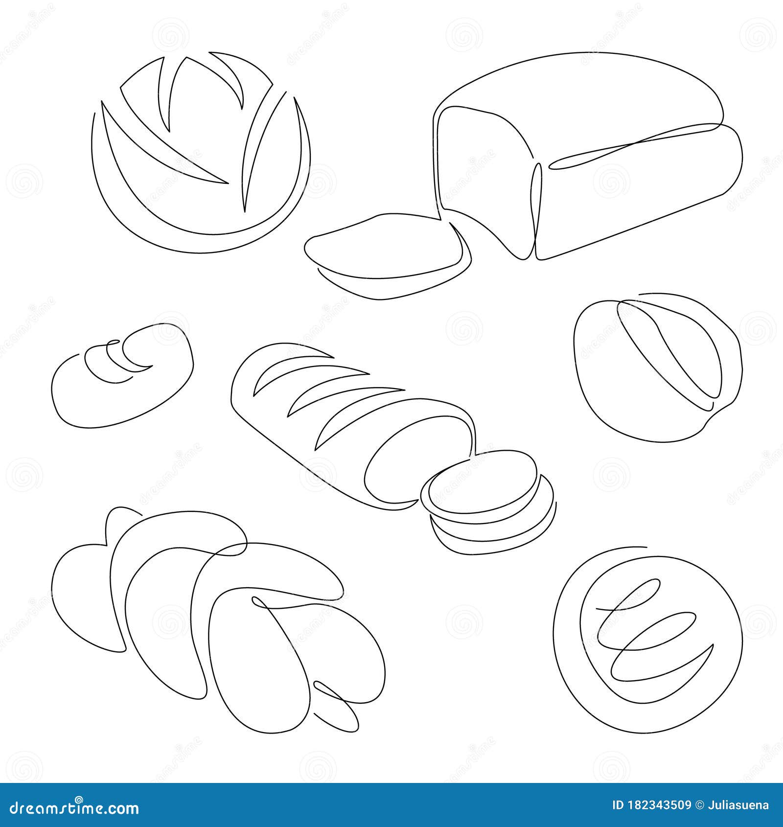 Set with Continuous Line Breads. Vector Line Art. Bakery Product for ...