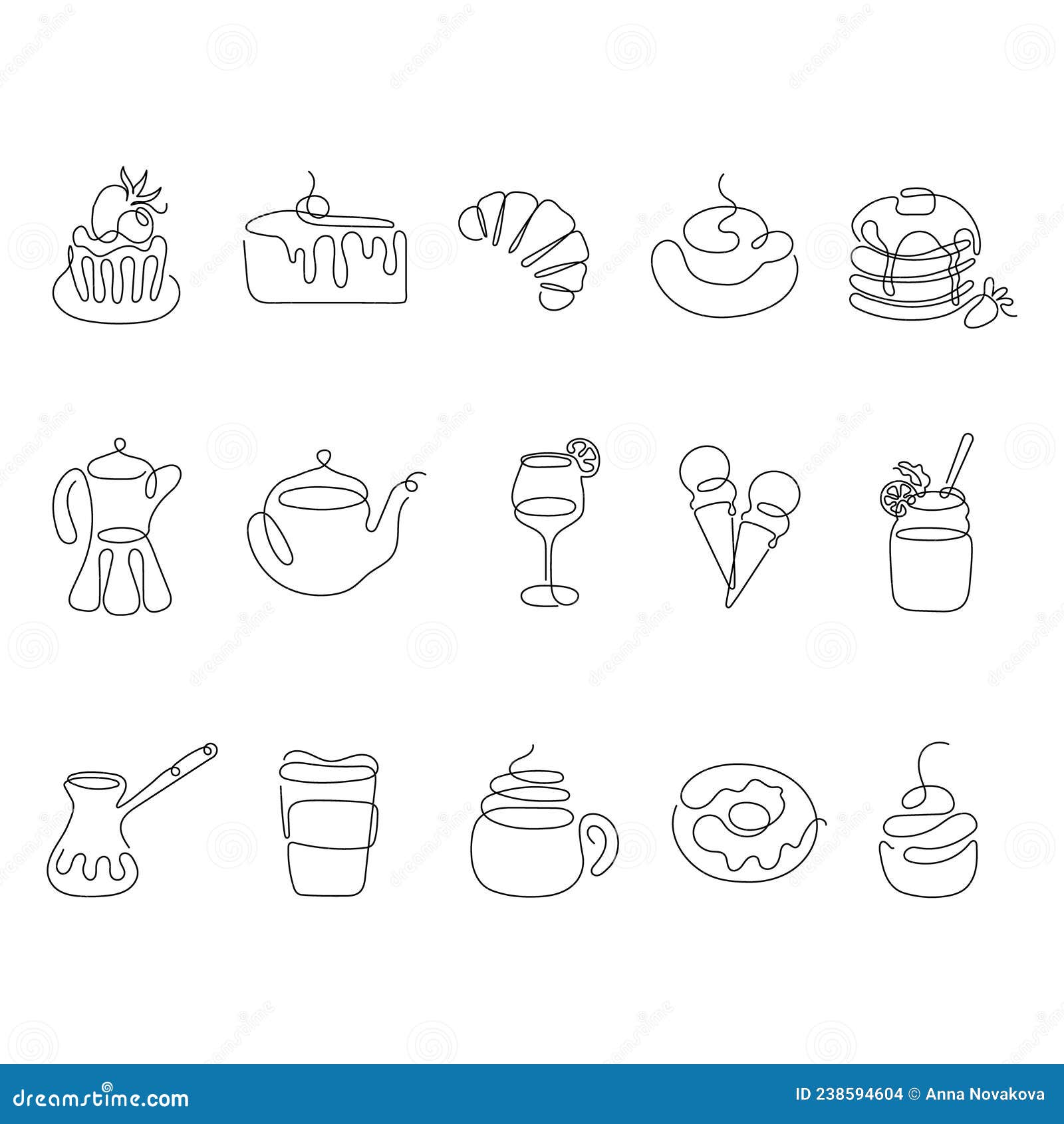 Set Continuous Line Drawing of Drinks, Desserts. Stock Vector ...