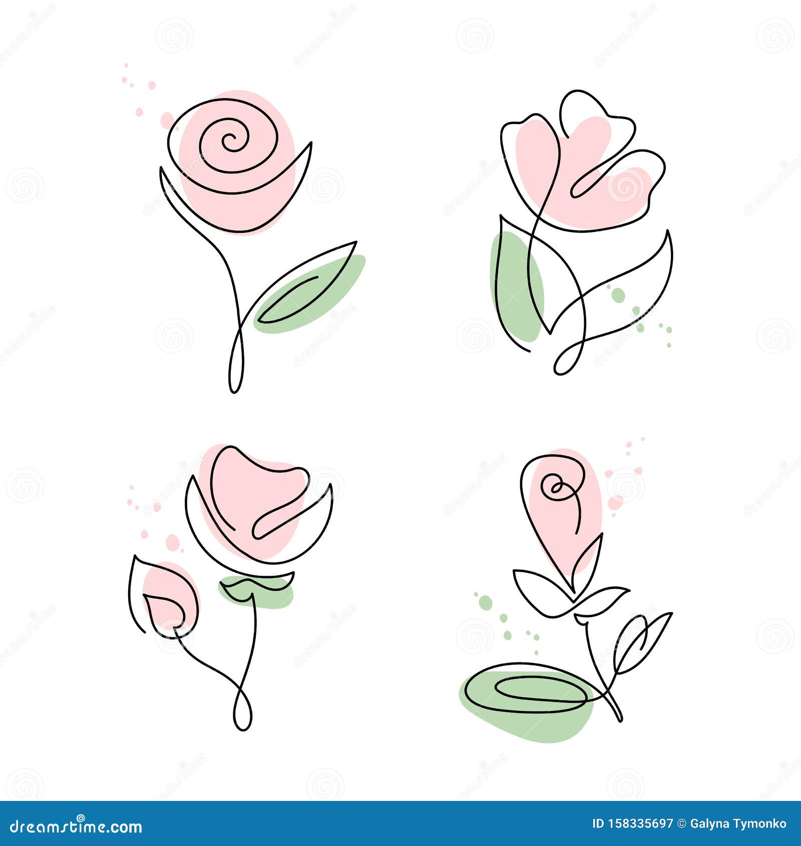 Set of Continuous Line Hand Drawing Calligraphic Vector Flower Rose ...