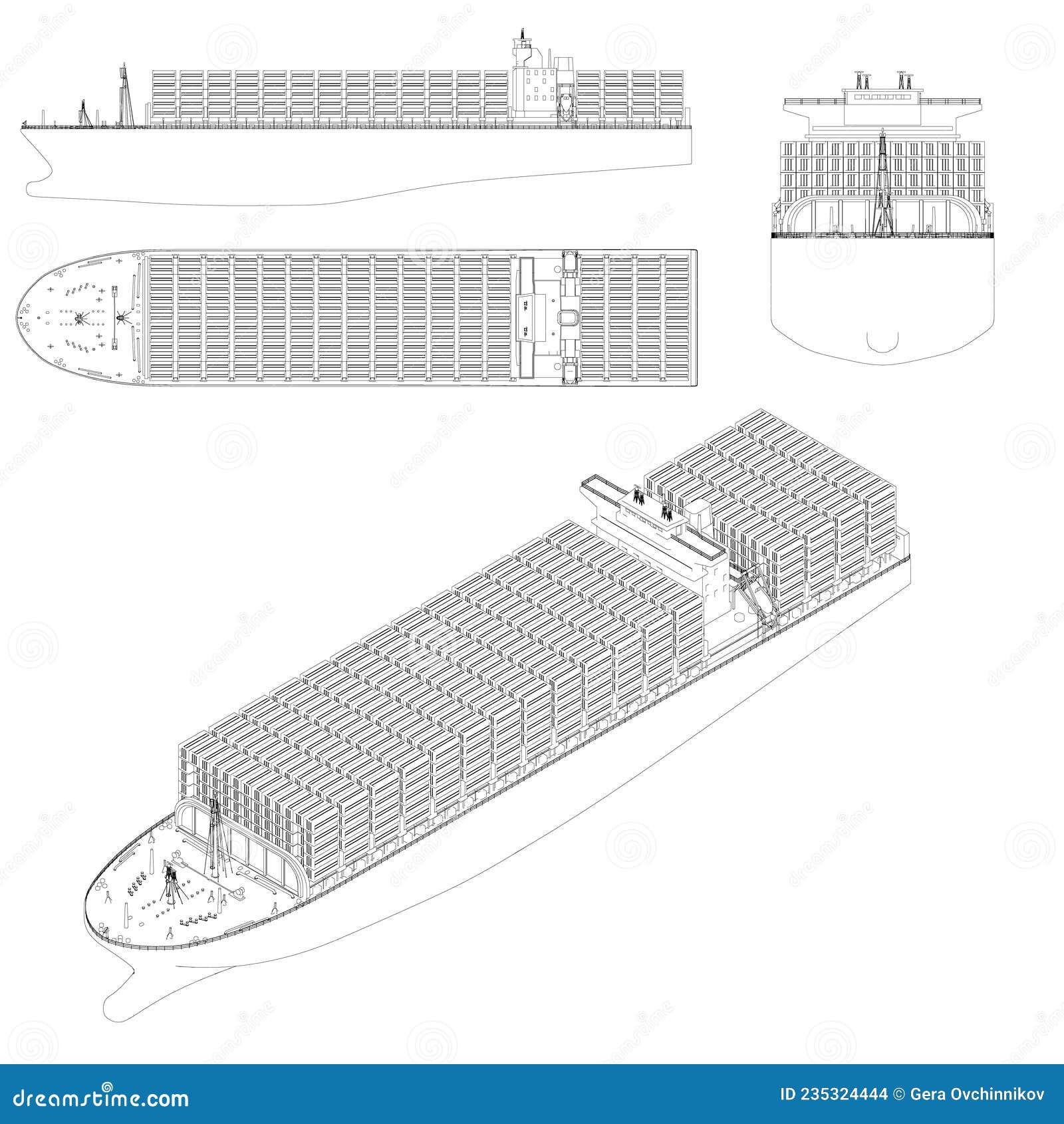 Set of Contour Cargo Ships with Containers from Black Lines Isolated on ...