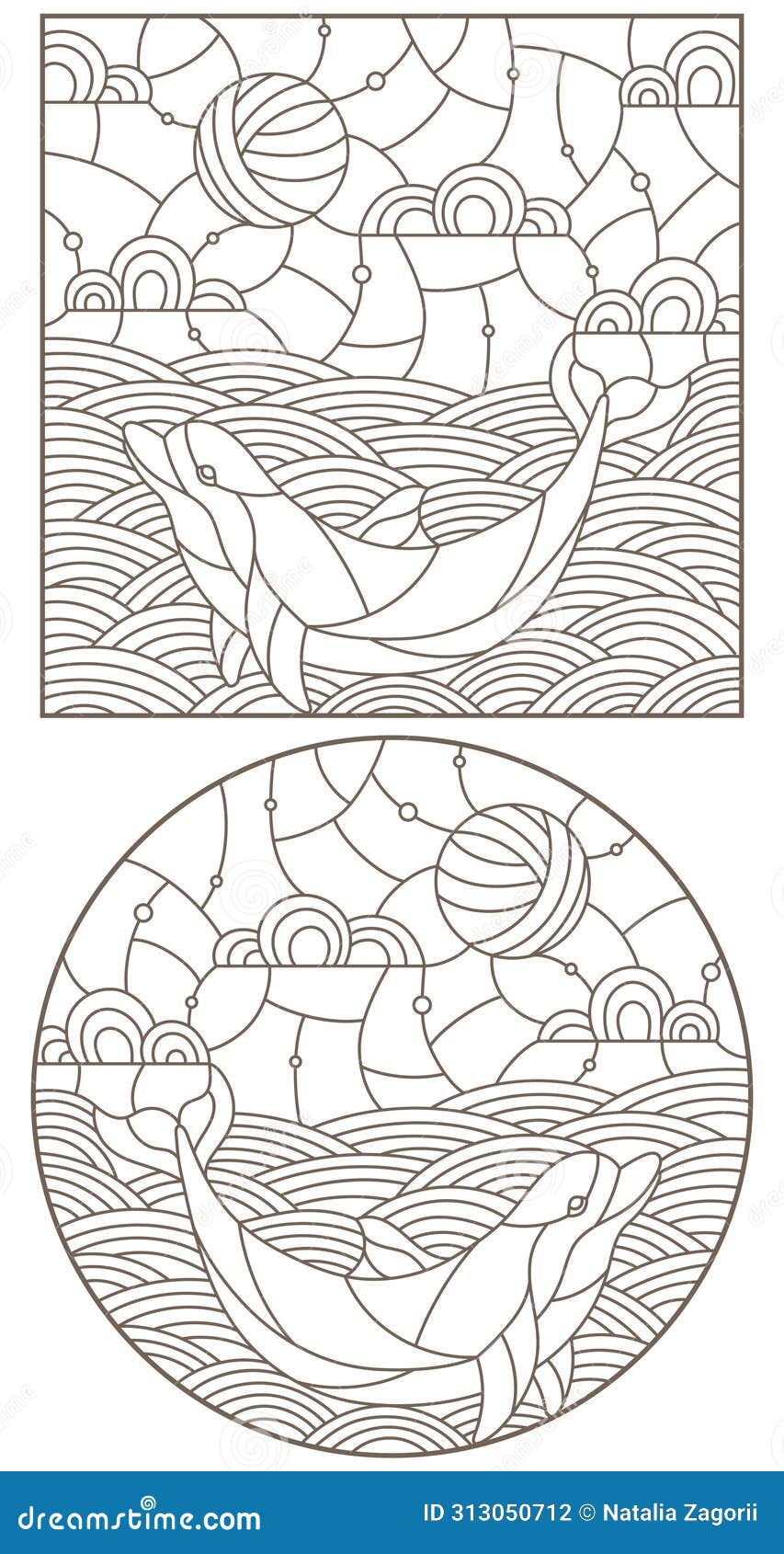 A Set Contour Illustrations with Dolphins on the Waves and the Sky ...
