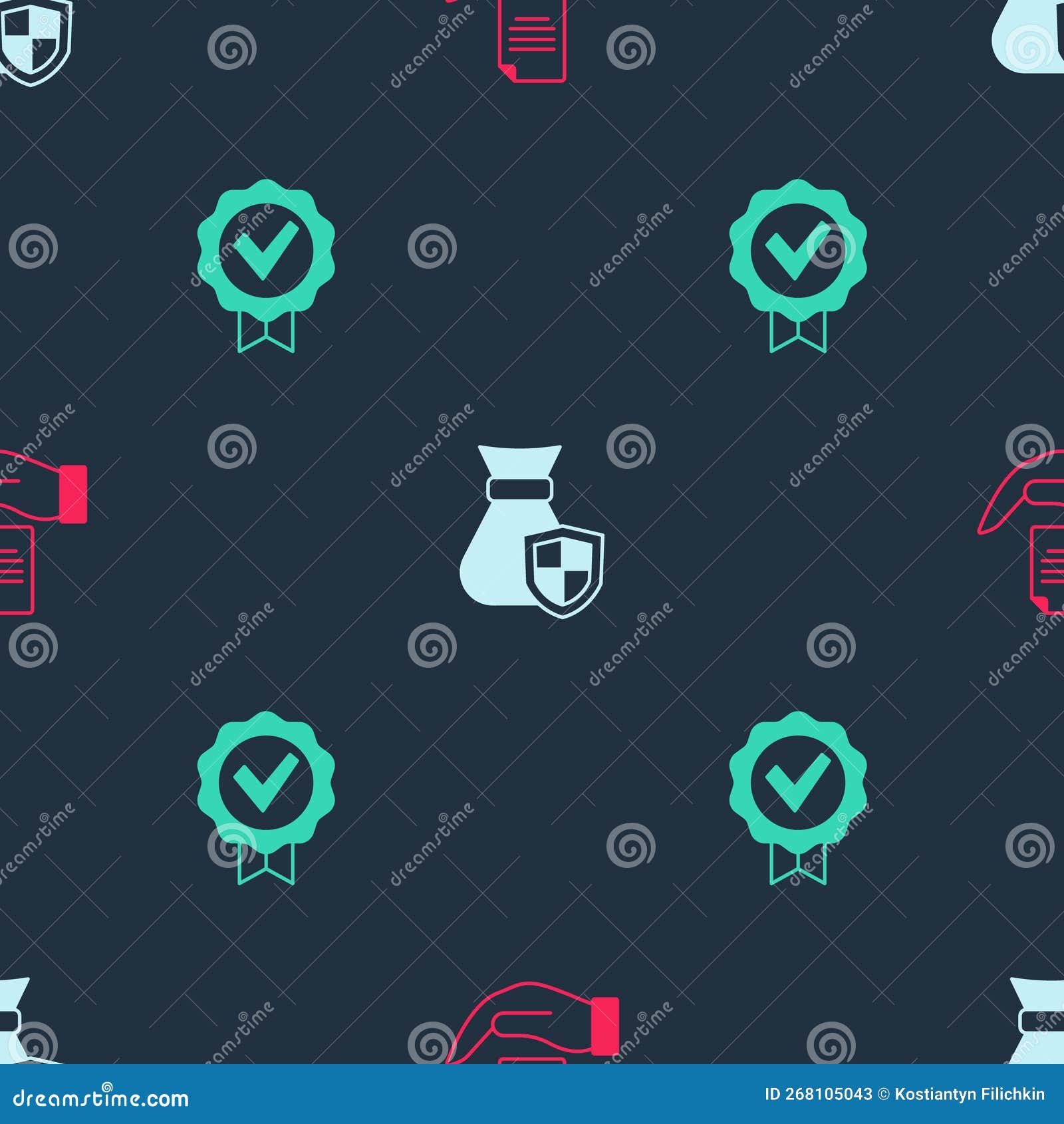 Set Contract in Hand, Money Bag with Shield and Approved Check Mark on ...