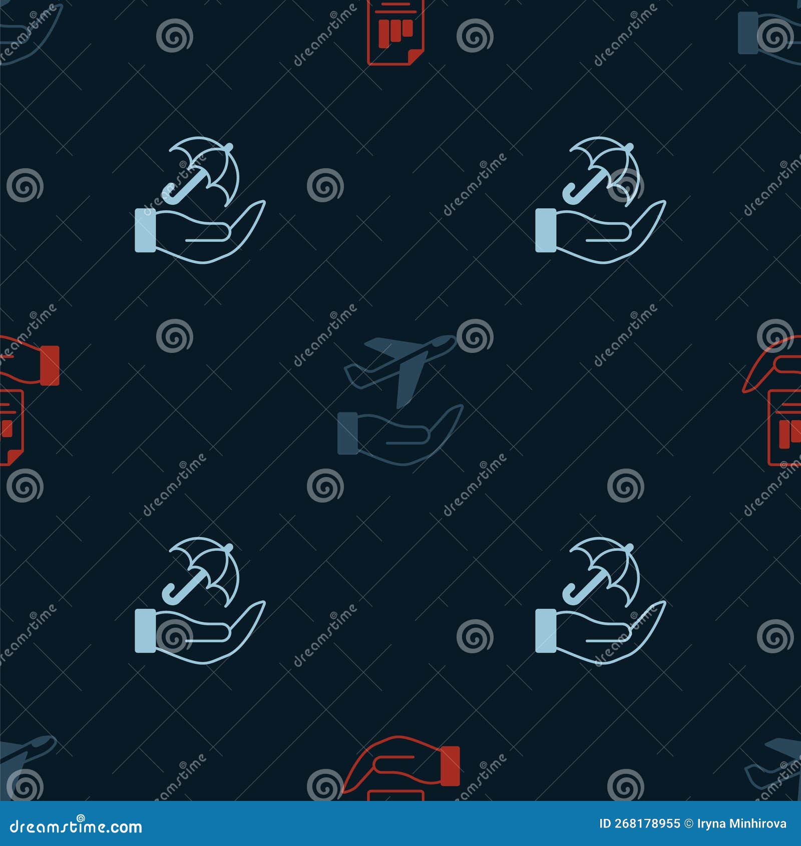 Set Contract in Hand, Plane and Umbrella on Seamless Pattern. Vector ...