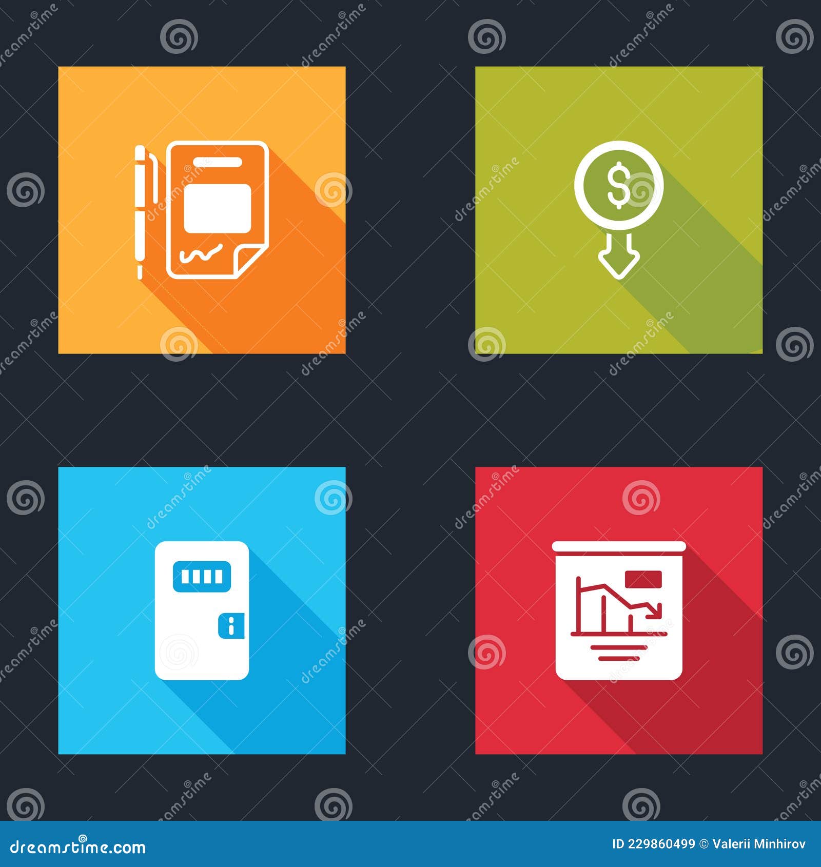 Set Contract Money and Pen, Dollar Rate Decrease, Prison Cell Door and Pie Chart Infographic ...