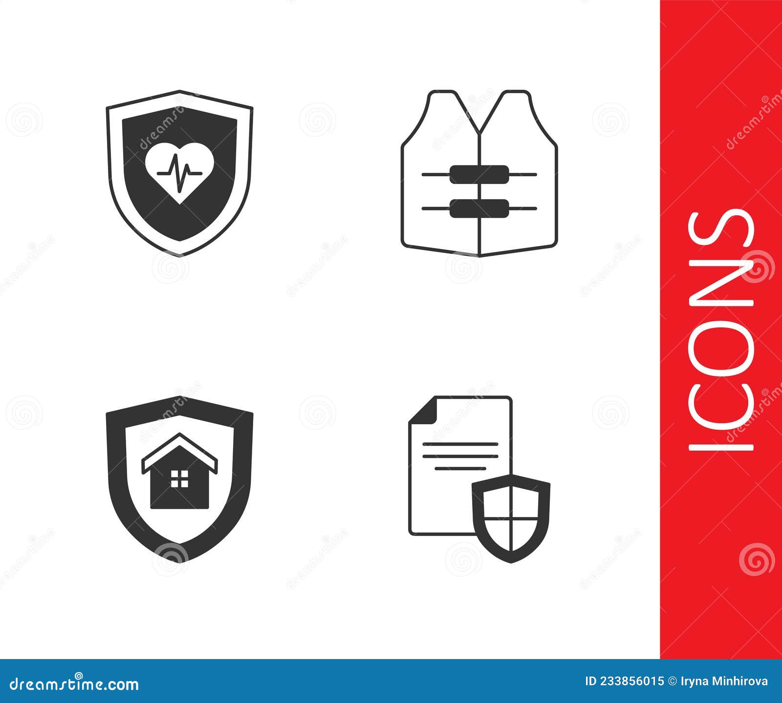 Set Contract with Shield, Life Insurance, House and Jacket Icon. Vector ...