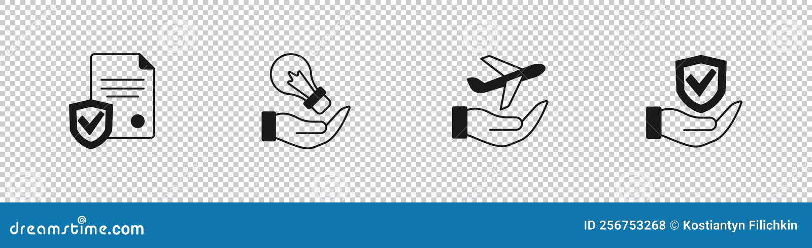 Set Contract with Shield, Light Bulb in Hand, Plane and Shield Icon ...