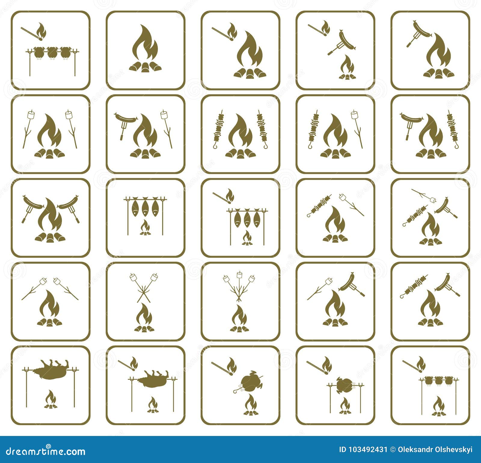 Set of Cooking on Campfire Icons Stock Vector - Illustration of fried ...