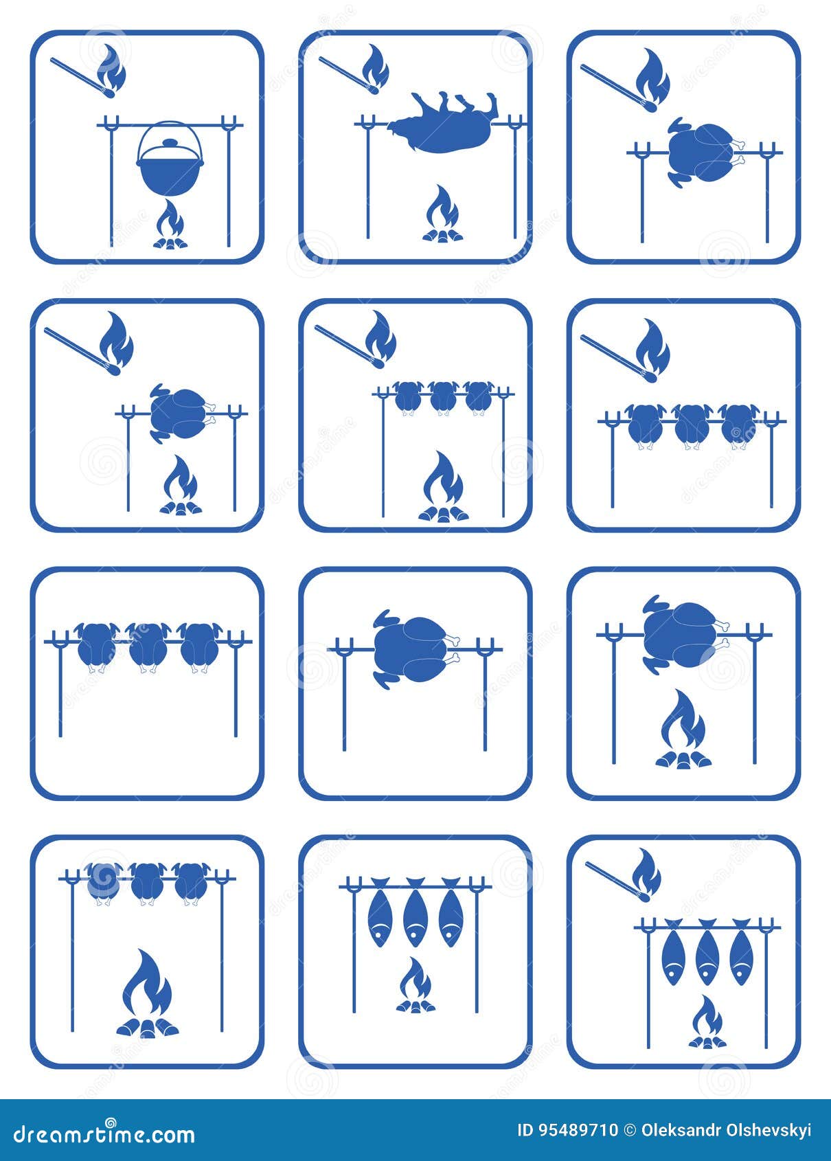 Set Of Cooking On Campfire Icons Stock Vector - Illustration of ...