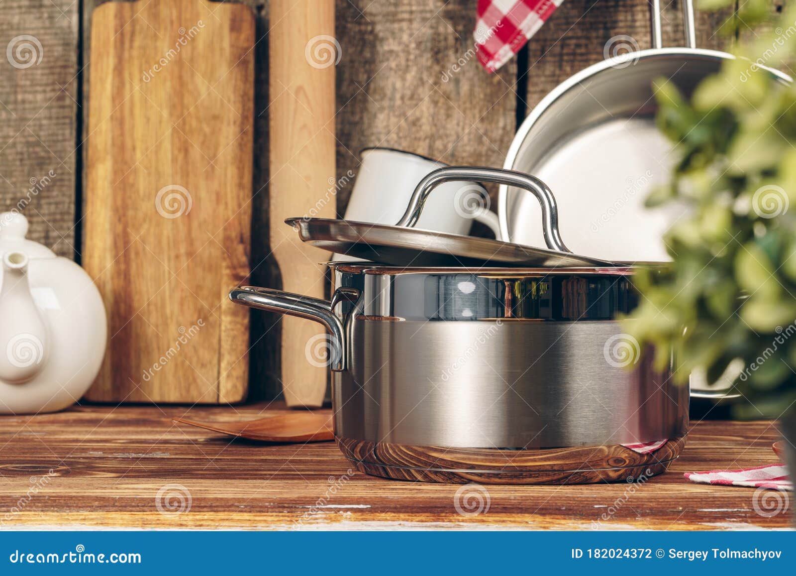 Set of Cookware Utensils on a Kitchen Counter Stock Photo - Image of ...