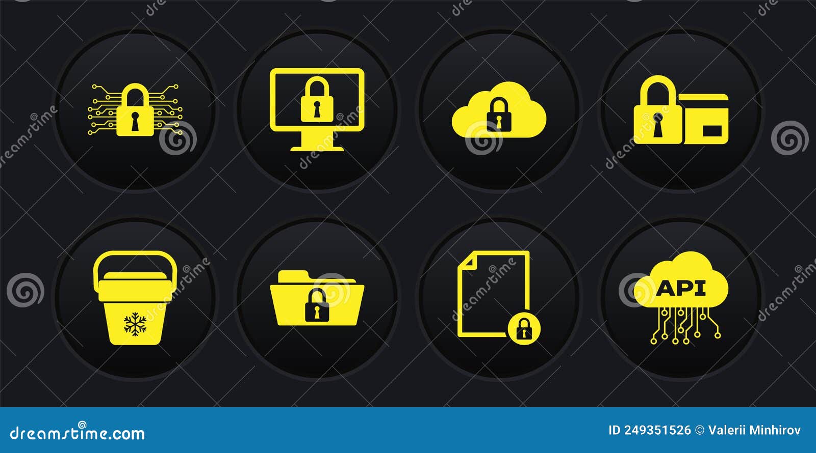 Set Cooler Bag, Credit Card with Lock, Folder and, Document, Cloud Computing and Lock on Monitor ...