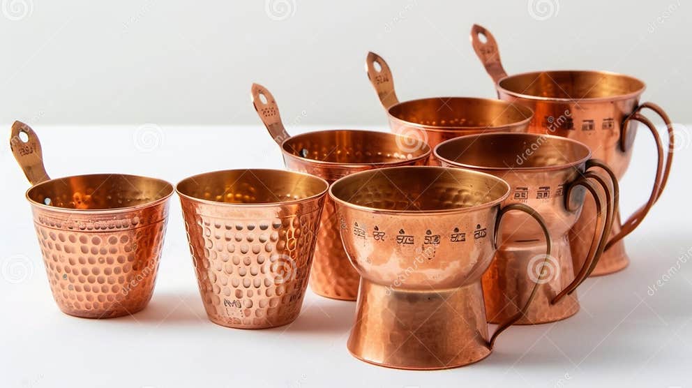 A Set of Copper Measuring Cups Each with a Different Shape and Etched ...