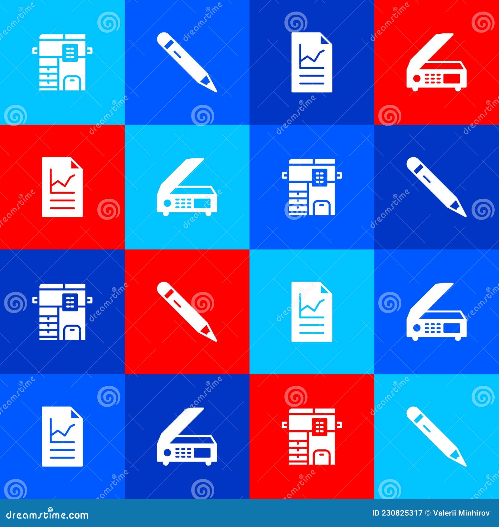 Set Copy Machine, Pencil with Eraser, Document Graph Chart and Scanner ...