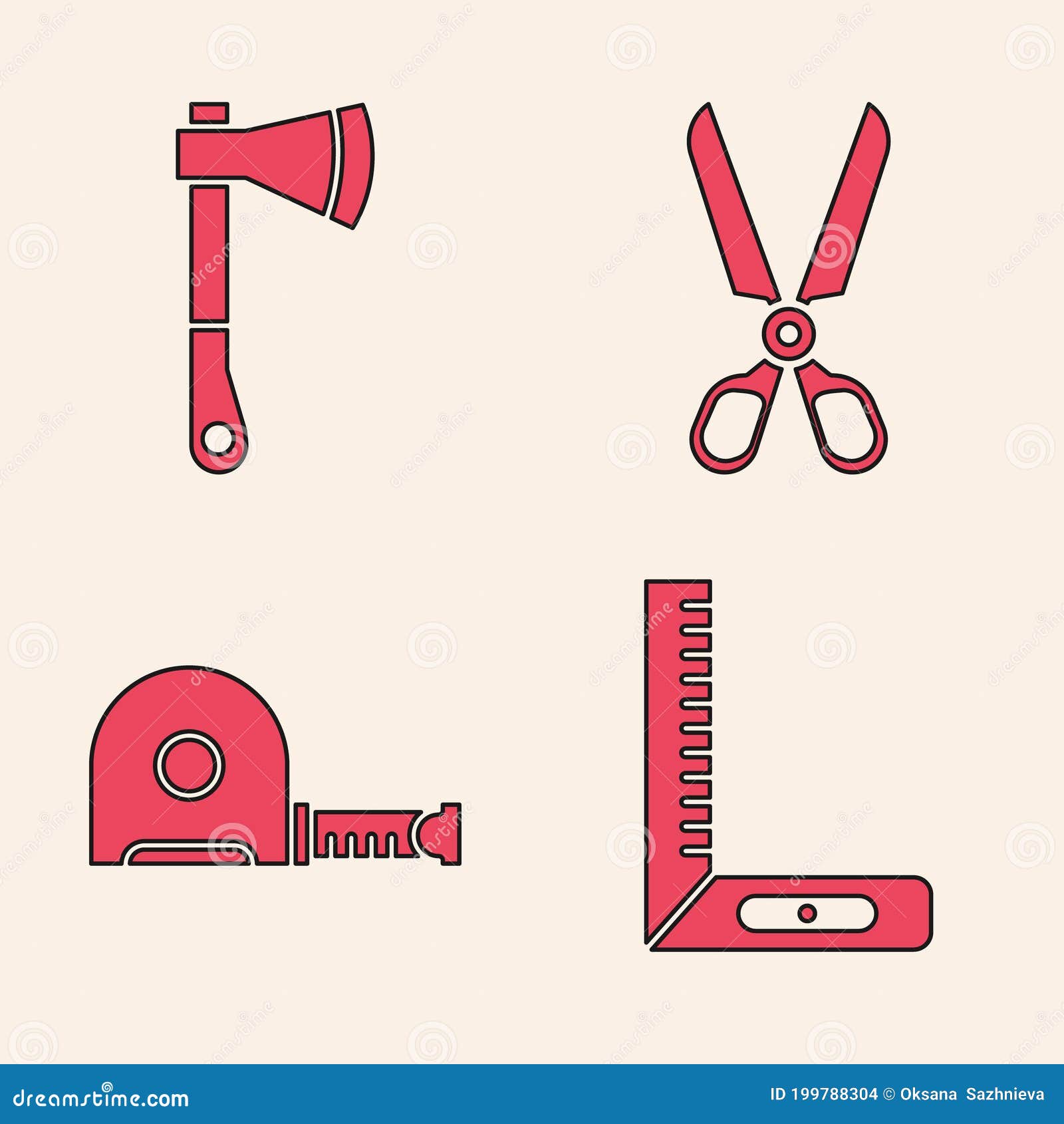 Set Corner Ruler, Wooden Axe, Scissors and Roulette Construction Icon ...