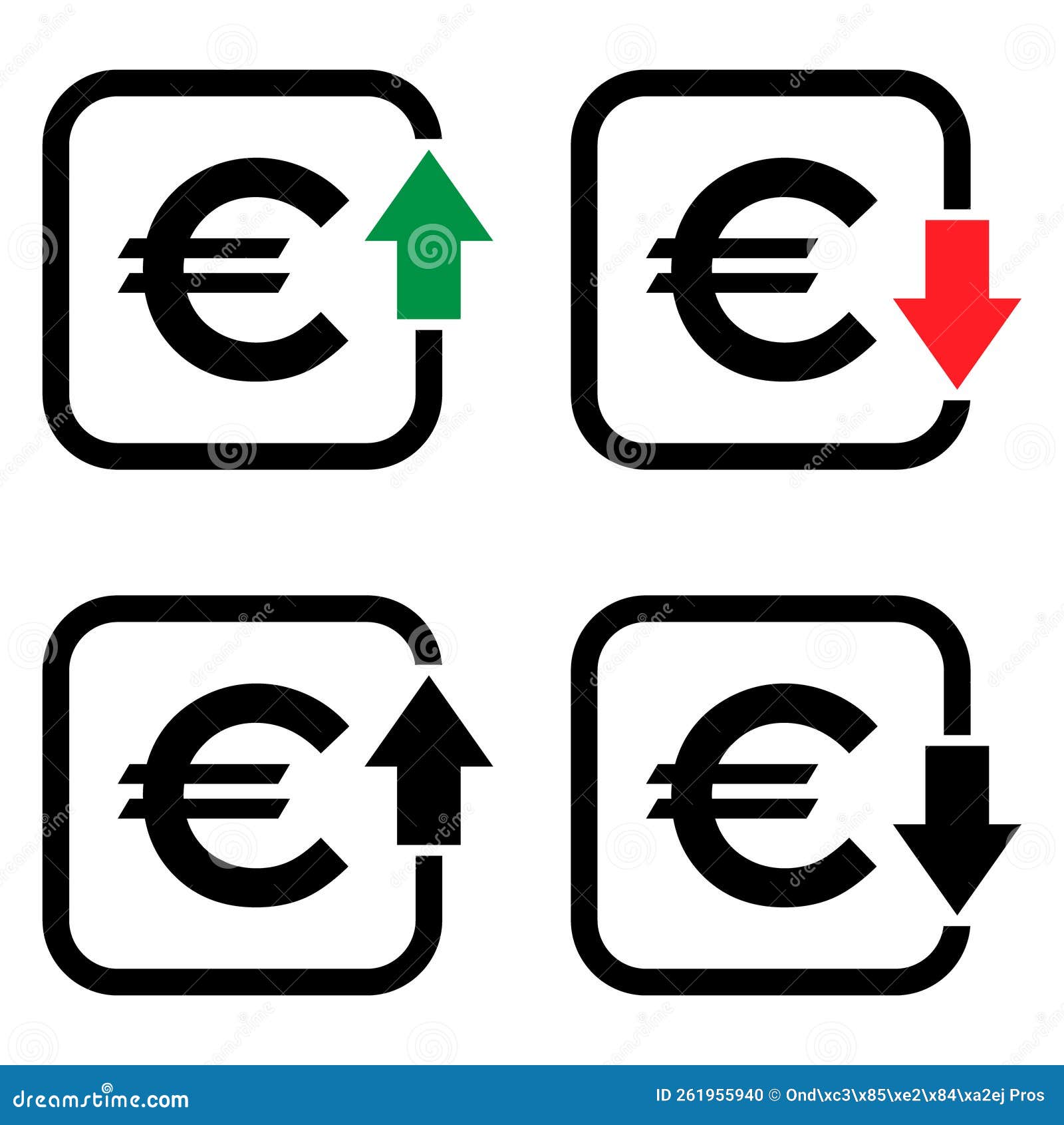 Set of Cost Symbol Euro Increase and Decrease Icon. Money Vector Symbol ...