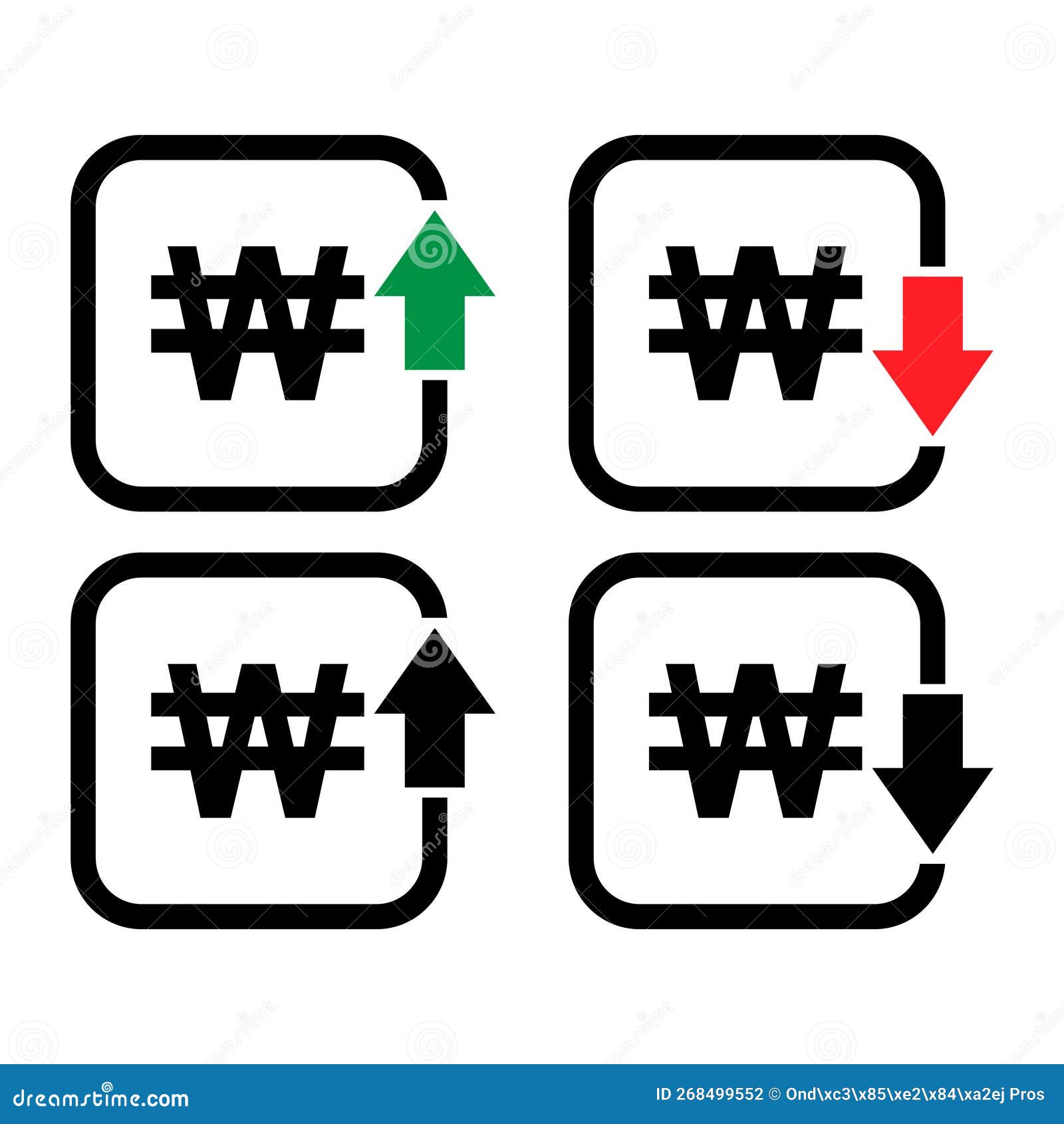 Set of Cost Symbol Won Increase and Decrease Icon. Money Vector Symbol Isolated on Background ...