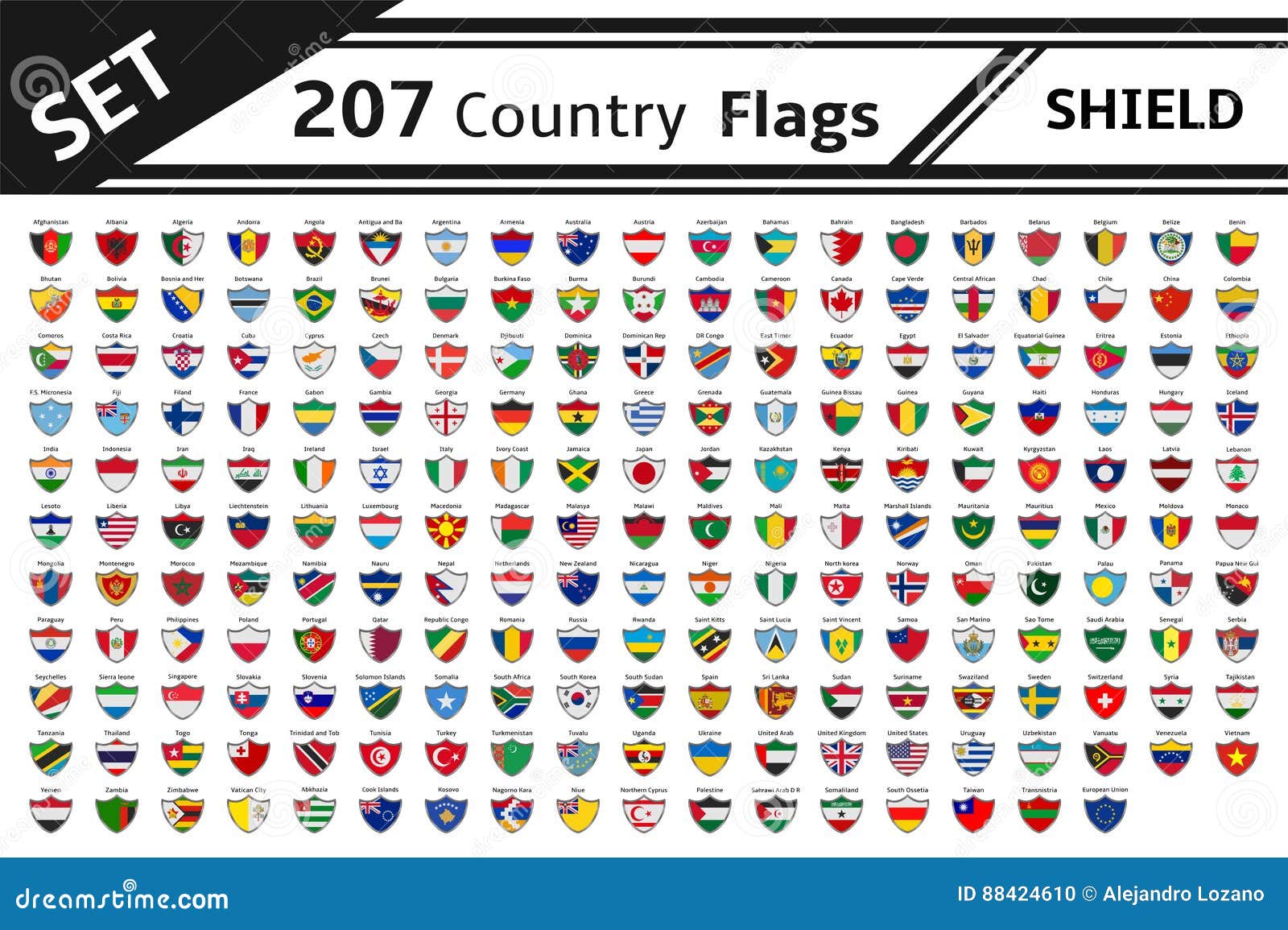 Set 207 Countries Flags Shield Stock Vector - Illustration of nations ...