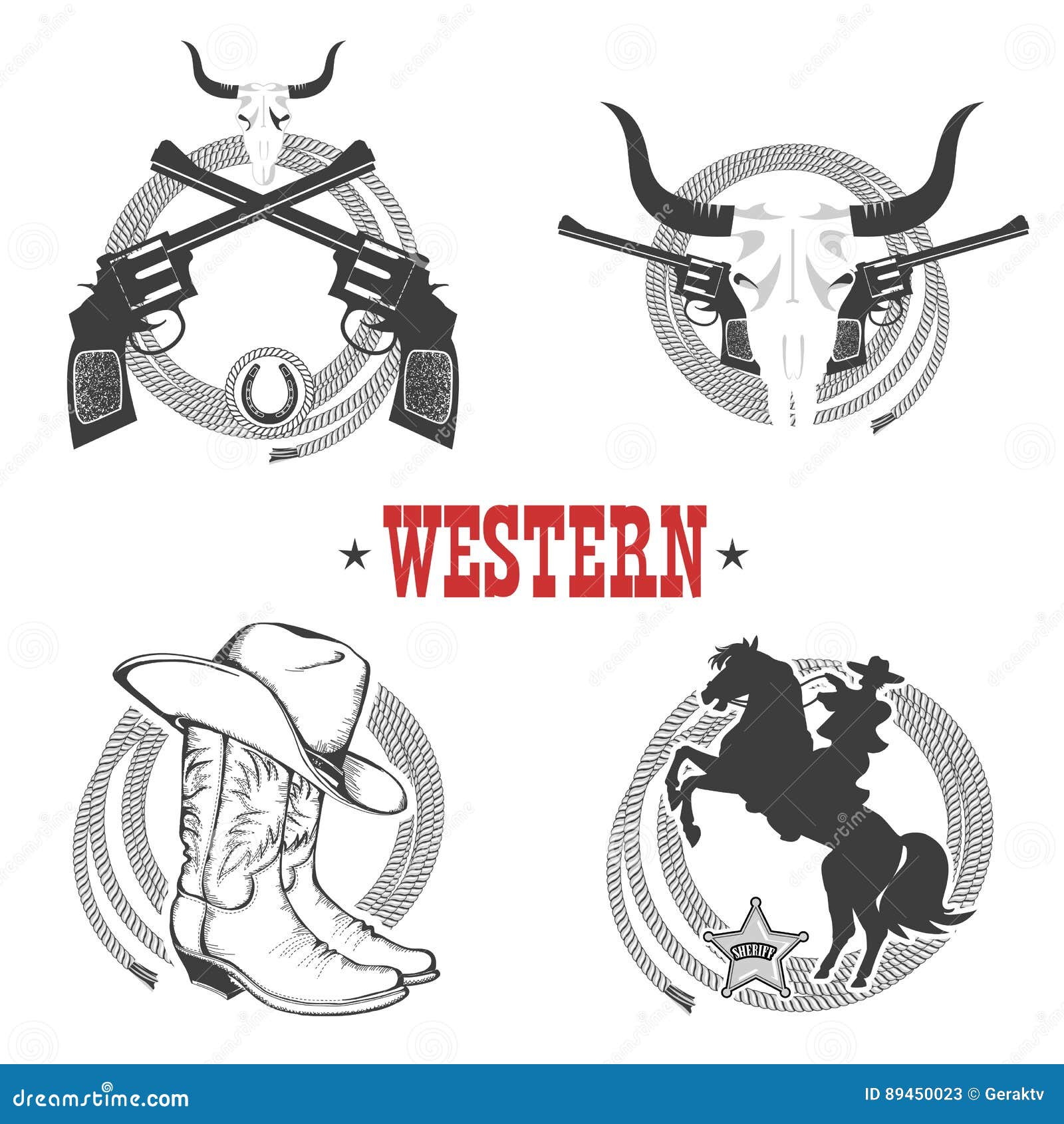 Cowboy Labels Isolated On White. Vector Western Cowboy Symbols ...