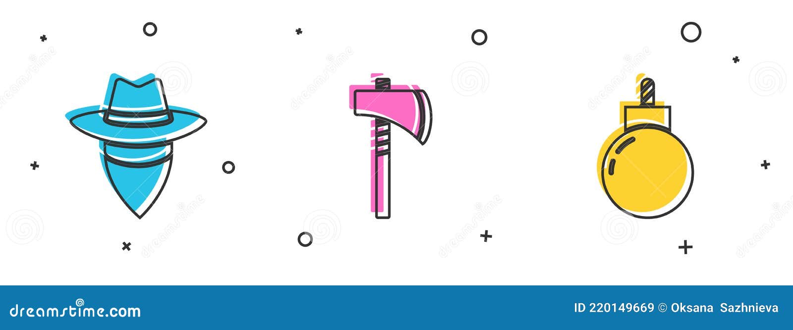 Set Cowboy, Tomahawk Axe and Bomb Ready To Explode Icon. Vector Stock ...