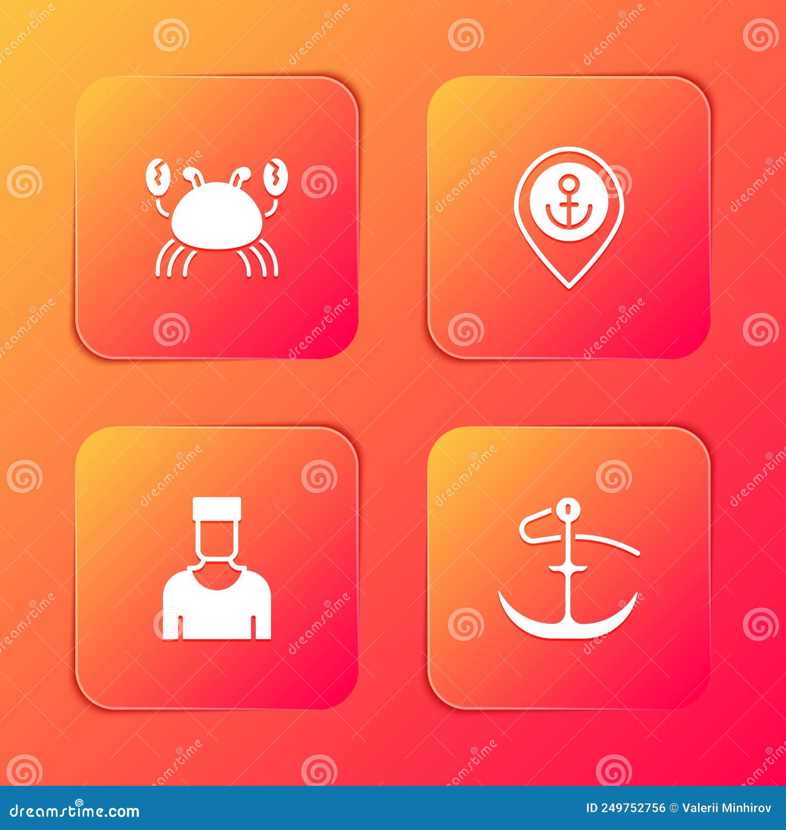 Set Crab, Location with Anchor, Sailor Captain and Anchor Icon. Vector ...