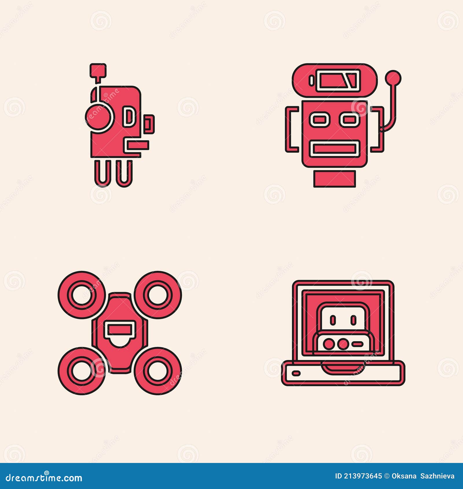 Set Creating Robot, Robot, Low Battery Charge and Drone Icon. Vector ... Set Creating Robot, Robot, Low Battery Charge and Drone Icon. Vector ...