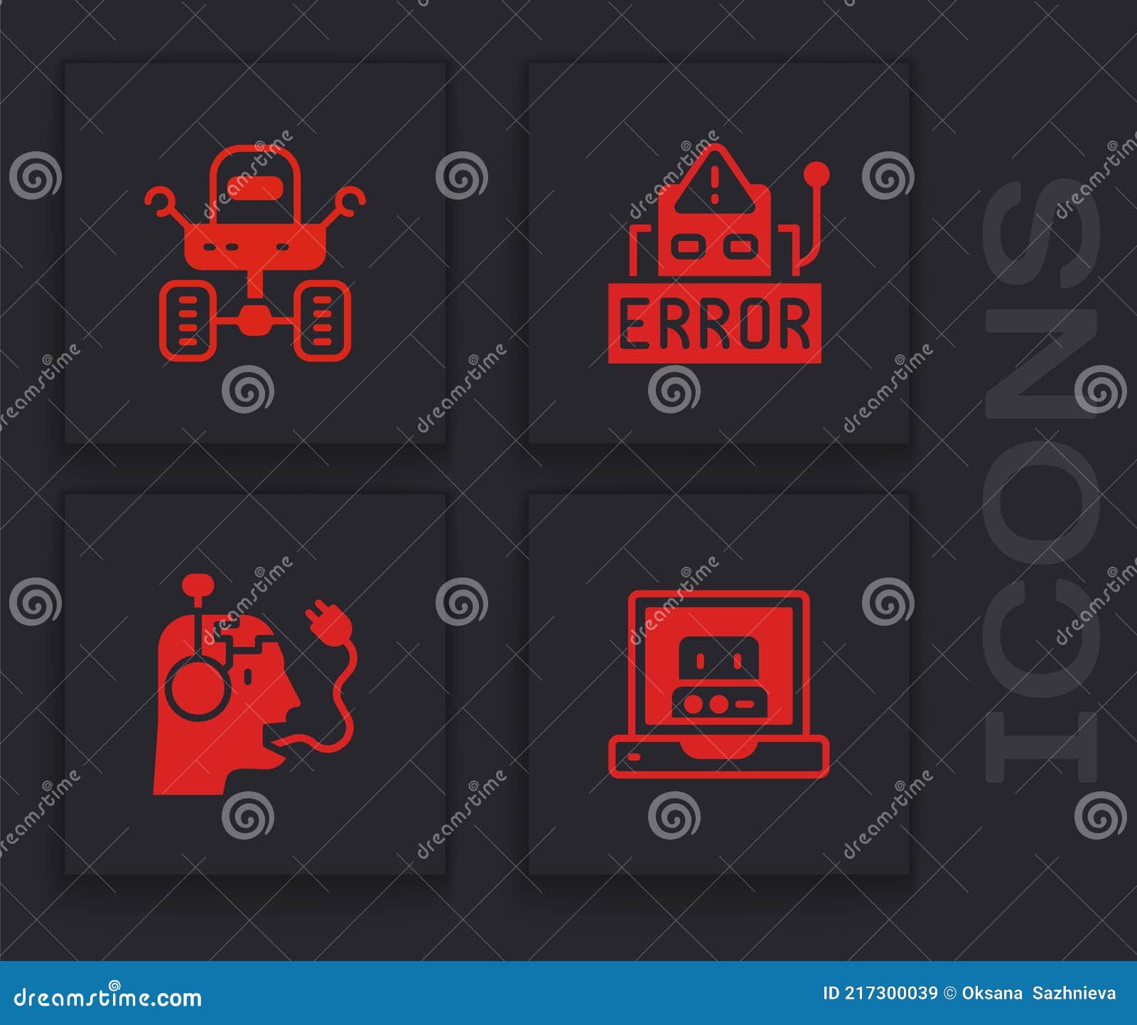 Set Creating Robot, Mars Rover, Error and Robot Charging Battery Icon ...