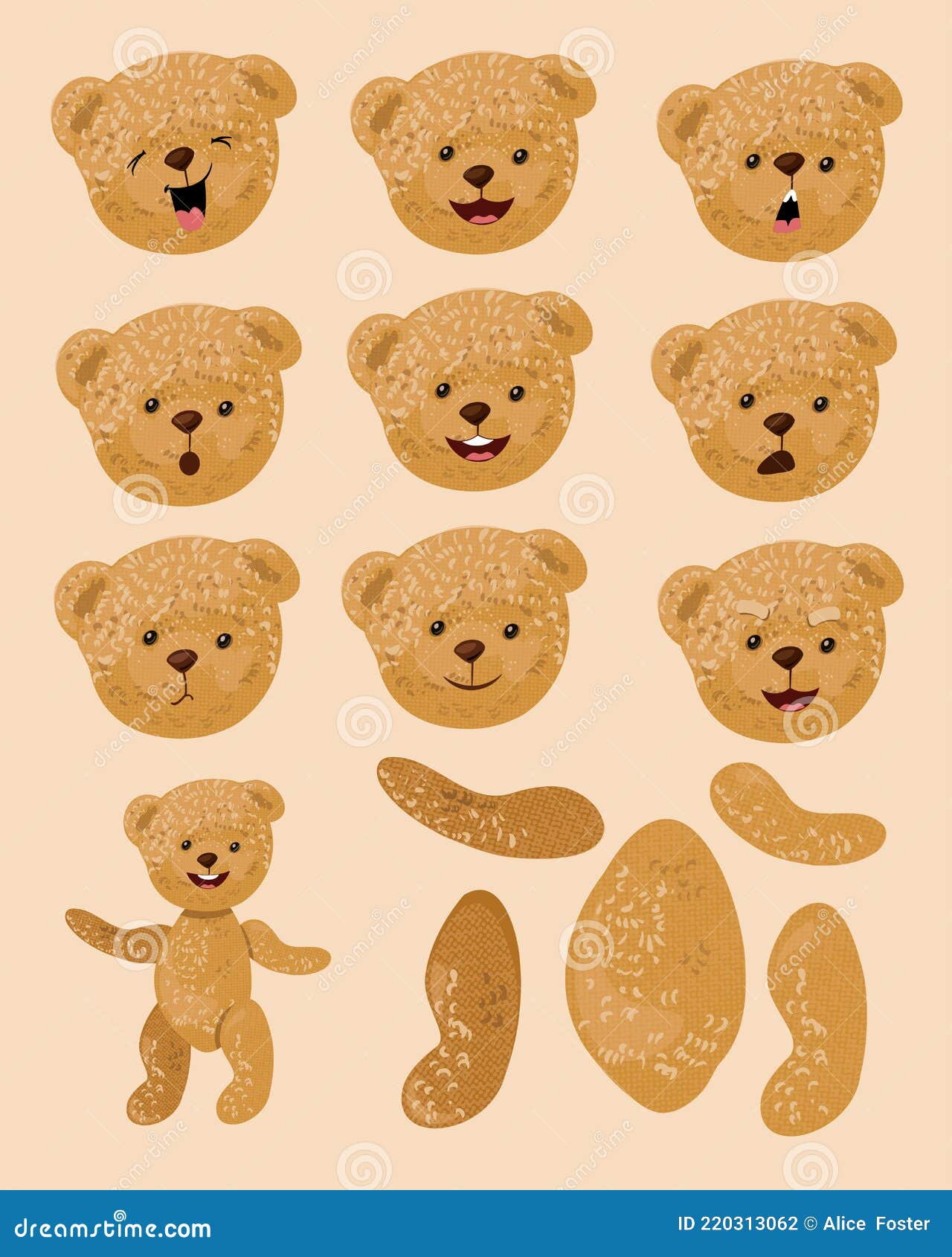 Set For Creating A Vintage Bear. Different Emotions, Postures, Views ...