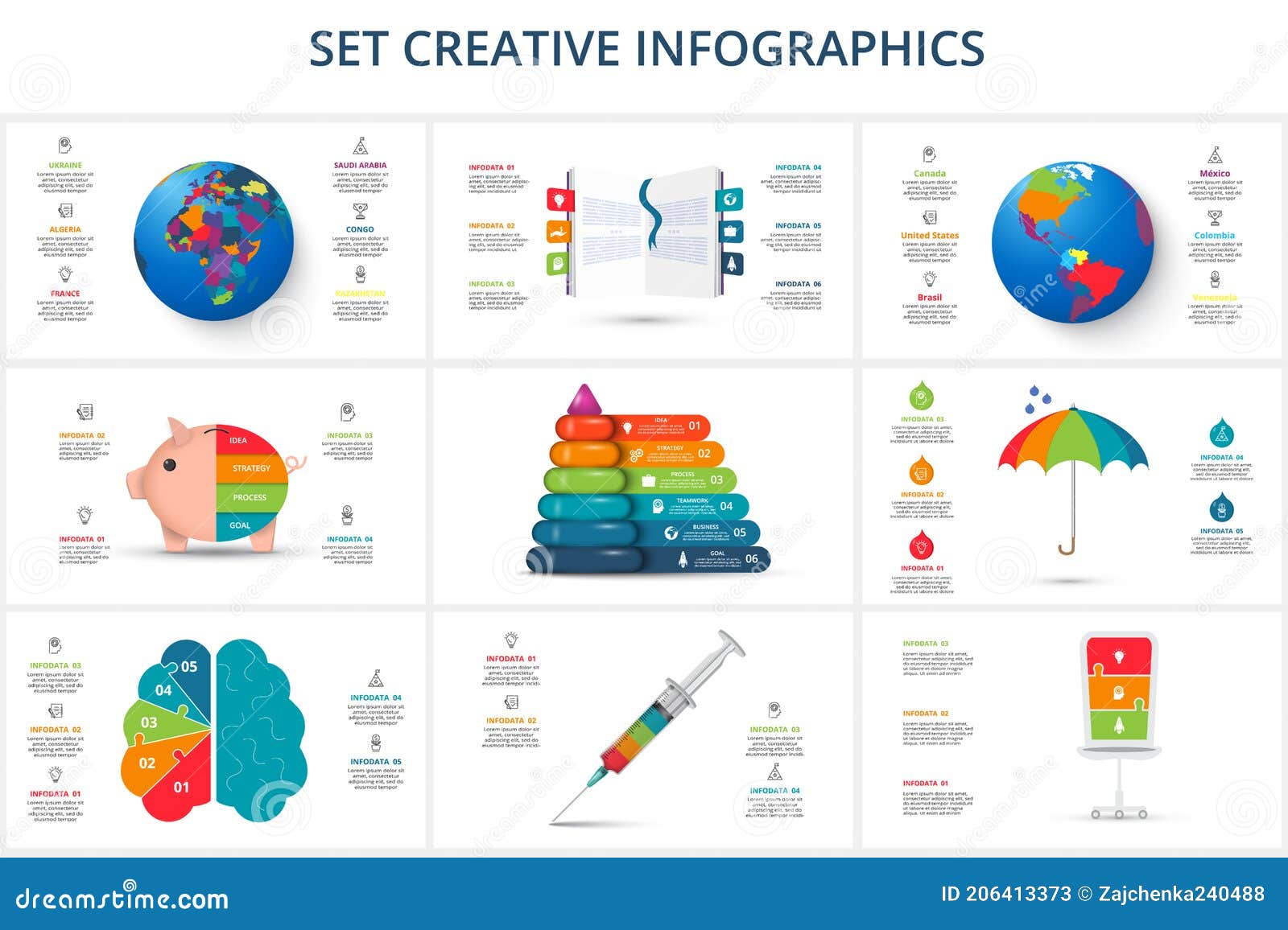Set Creative of Graph, Diagram with Steps, Options, Parts or Processes ...