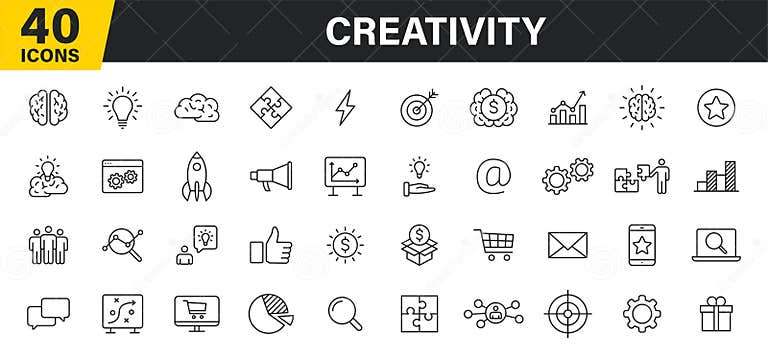 Set of 40 Creativity and Idea Web Icons in Line Style. Creativity ...