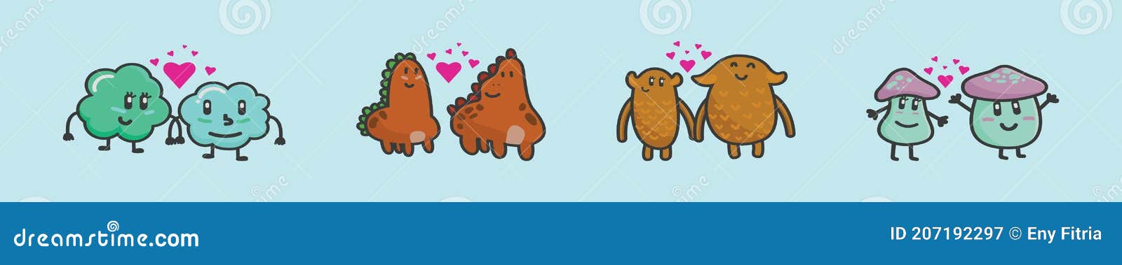 Set of Creatures in Love Cartoon Icon Design Template with Various ...