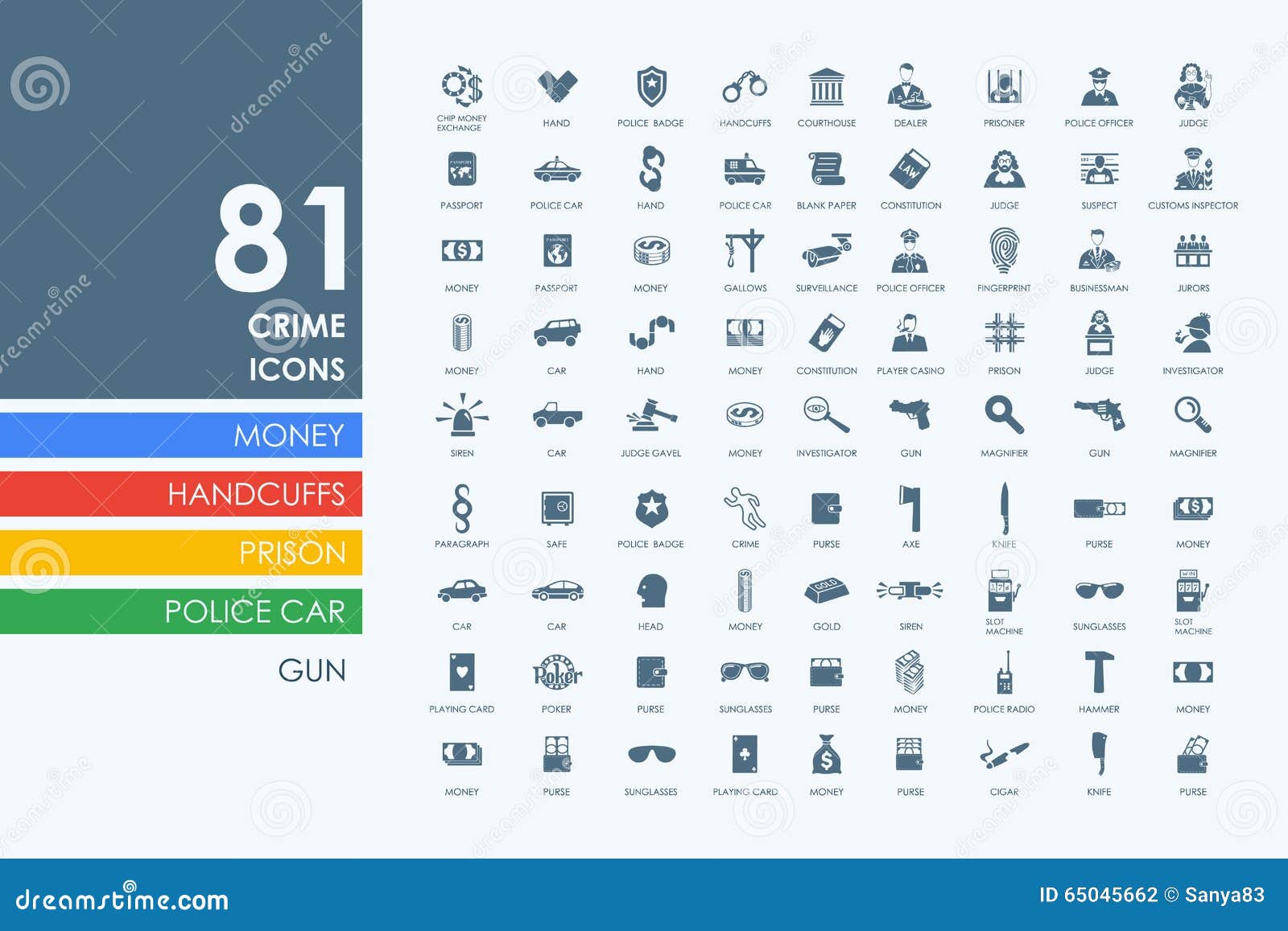 Set of crime icons stock vector. Illustration of creative - 65045662