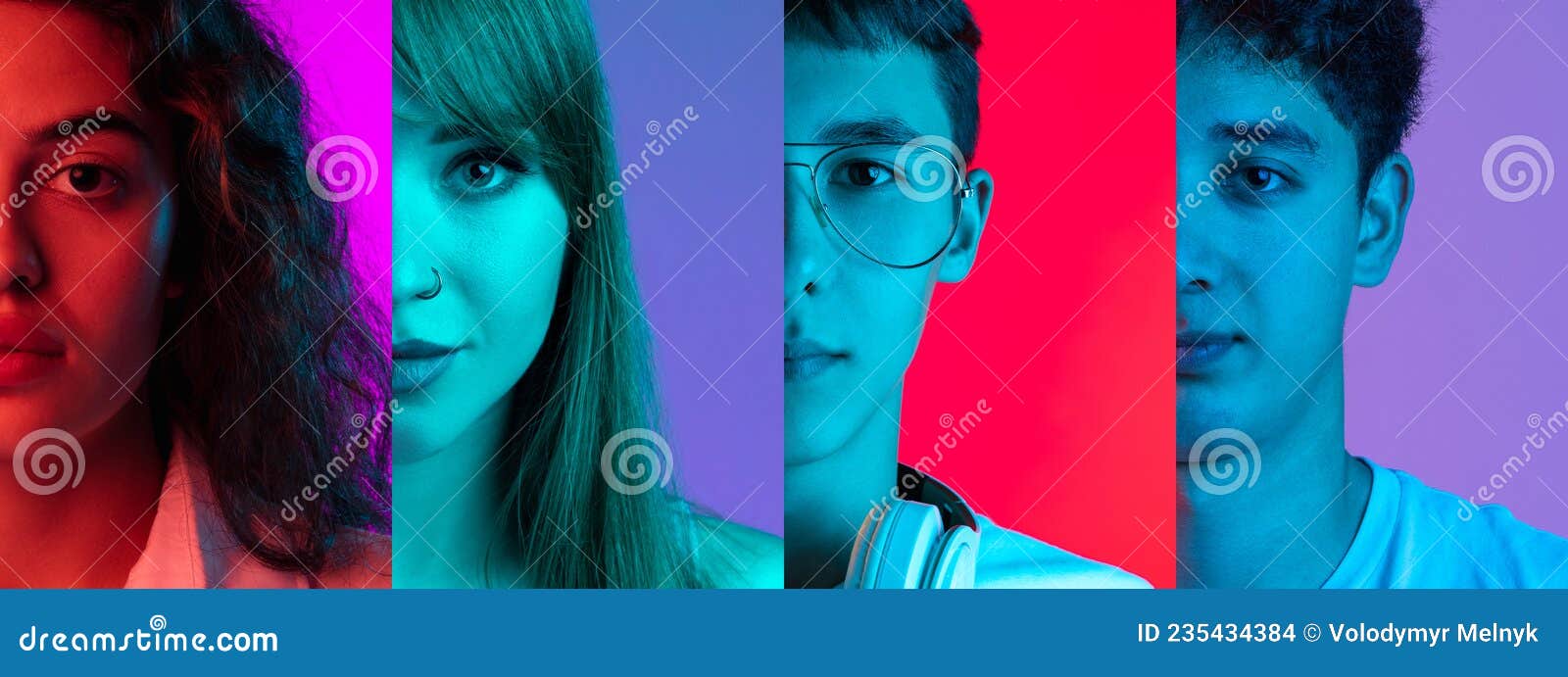 Portraits Of Group Of People On Multicolored Background, Collage. Stock ...