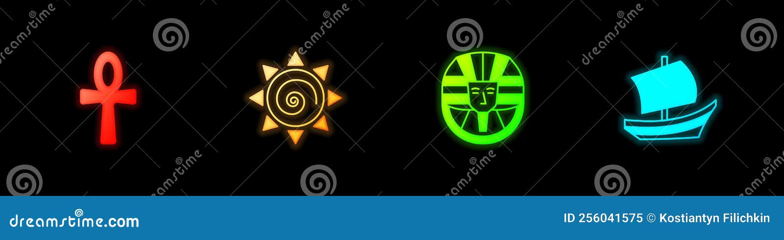 Set Cross Ankh, Sun, Egyptian Pharaoh and Ship Icon. Vector Stock ...