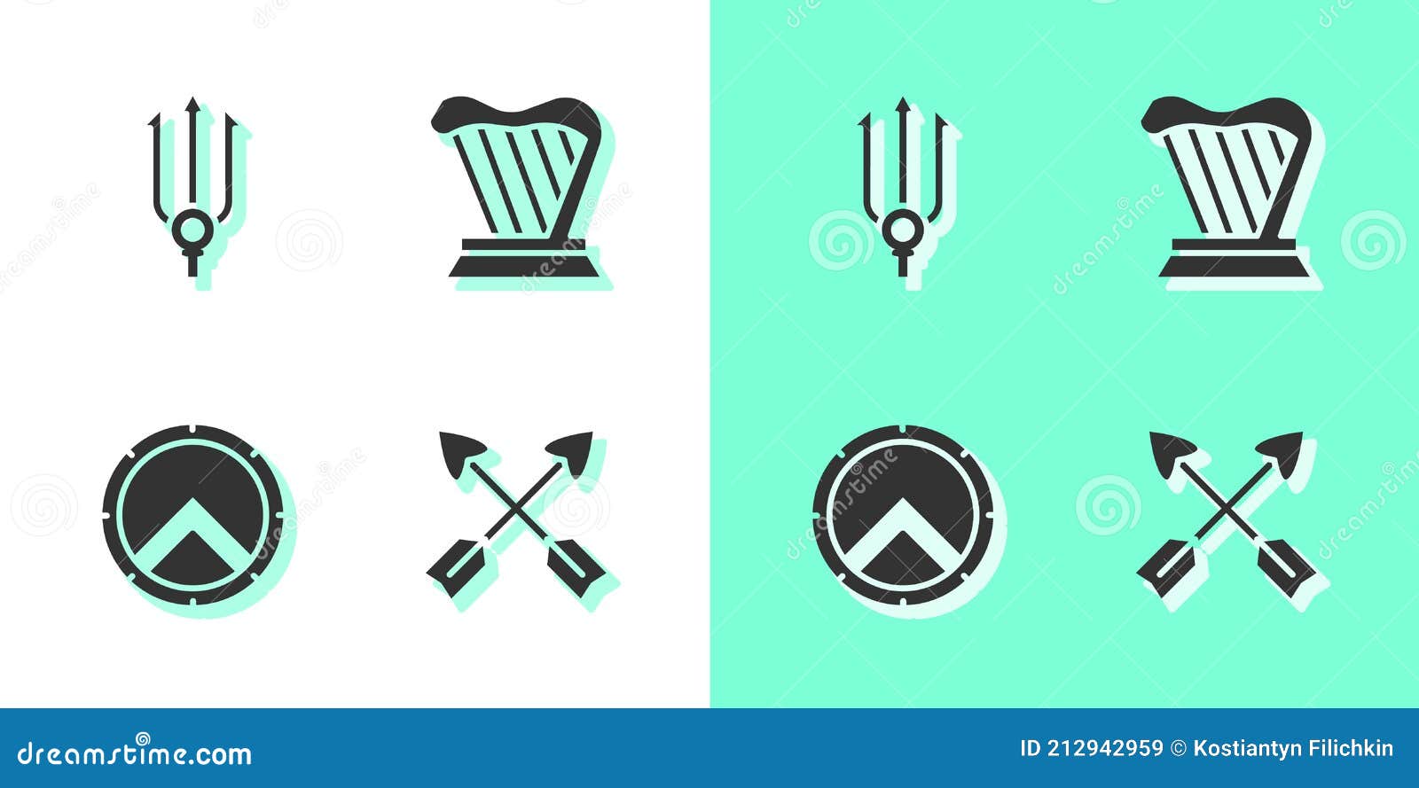Set Crossed Arrows, Neptune Trident, Greek Shield and Harp Icon. Vector ...