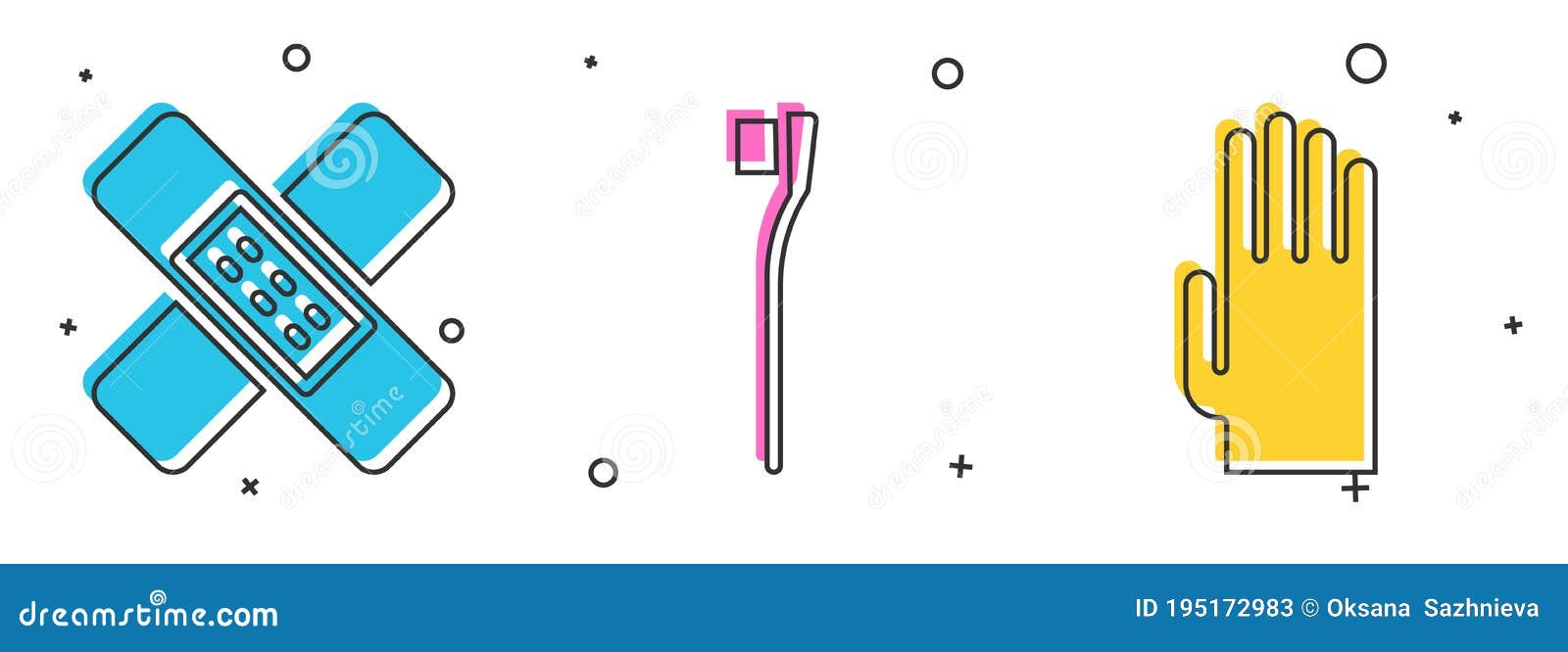Set Crossed Bandage Plaster Toothbrush And Rubber Gloves Icon Stock