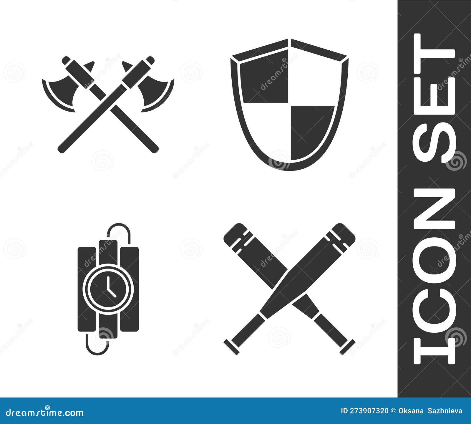 Set Crossed Baseball Bat, Crossed Medieval Axes, Dynamite Stick and ...