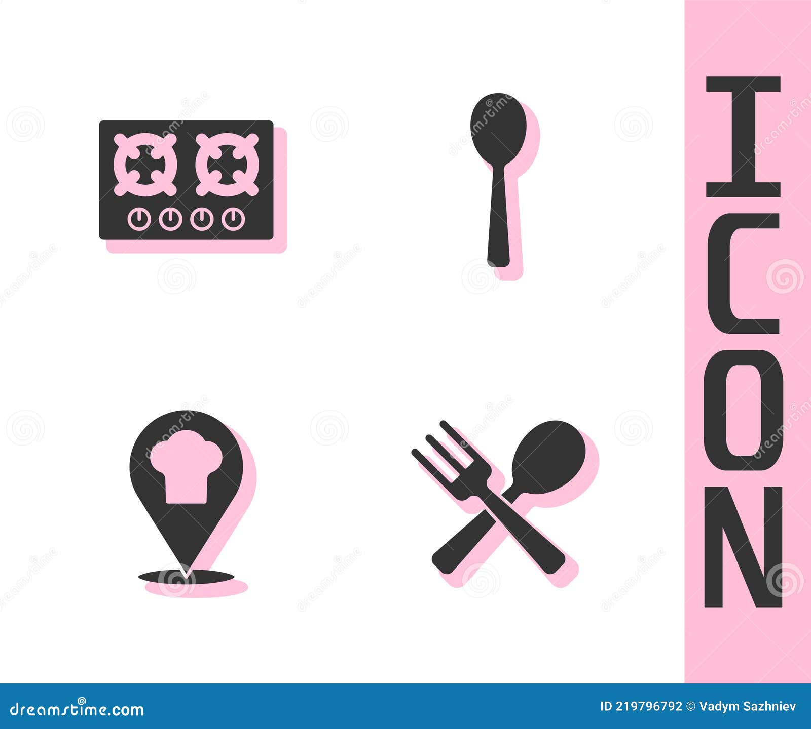 Set Crossed Fork And Spoon, Gas Stove, Chef Hat With Location And Spoon ...