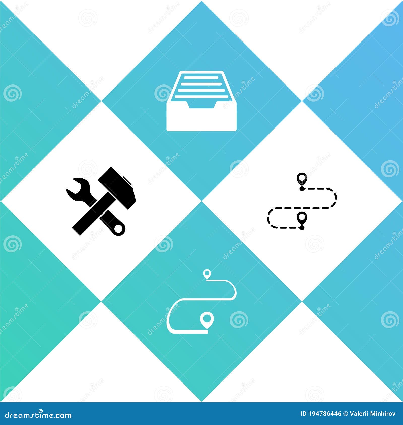 Set Crossed Hammer and Wrench, Route Location, Drawer with Documents ... Set Crossed Hammer and Wrench, Route Location, Drawer with Documents ...