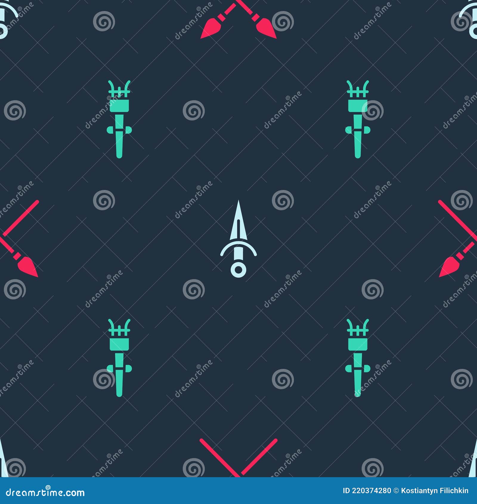 Set Crossed Medieval Spears, Dagger and Torch Flame on Seamless Pattern ...