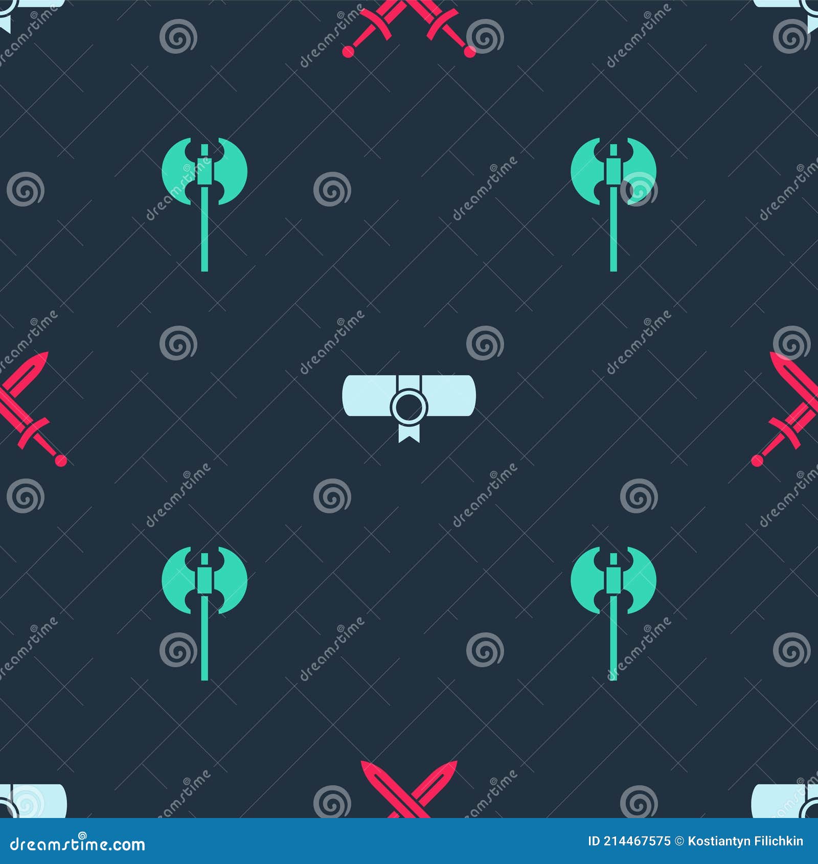 Set Crossed Medieval Sword, Decree, Parchment, Scroll and Medieval Axe ...