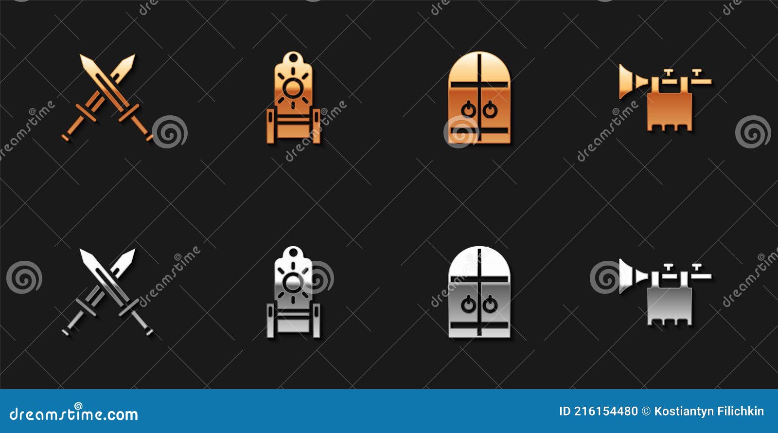 Set Crossed Medieval Sword, Medieval Throne, Castle Gate and Trumpet ...