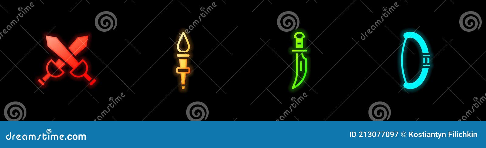 Set Crossed Medieval Sword, Torch Flame, Dagger and Medieval Bow Icon ...