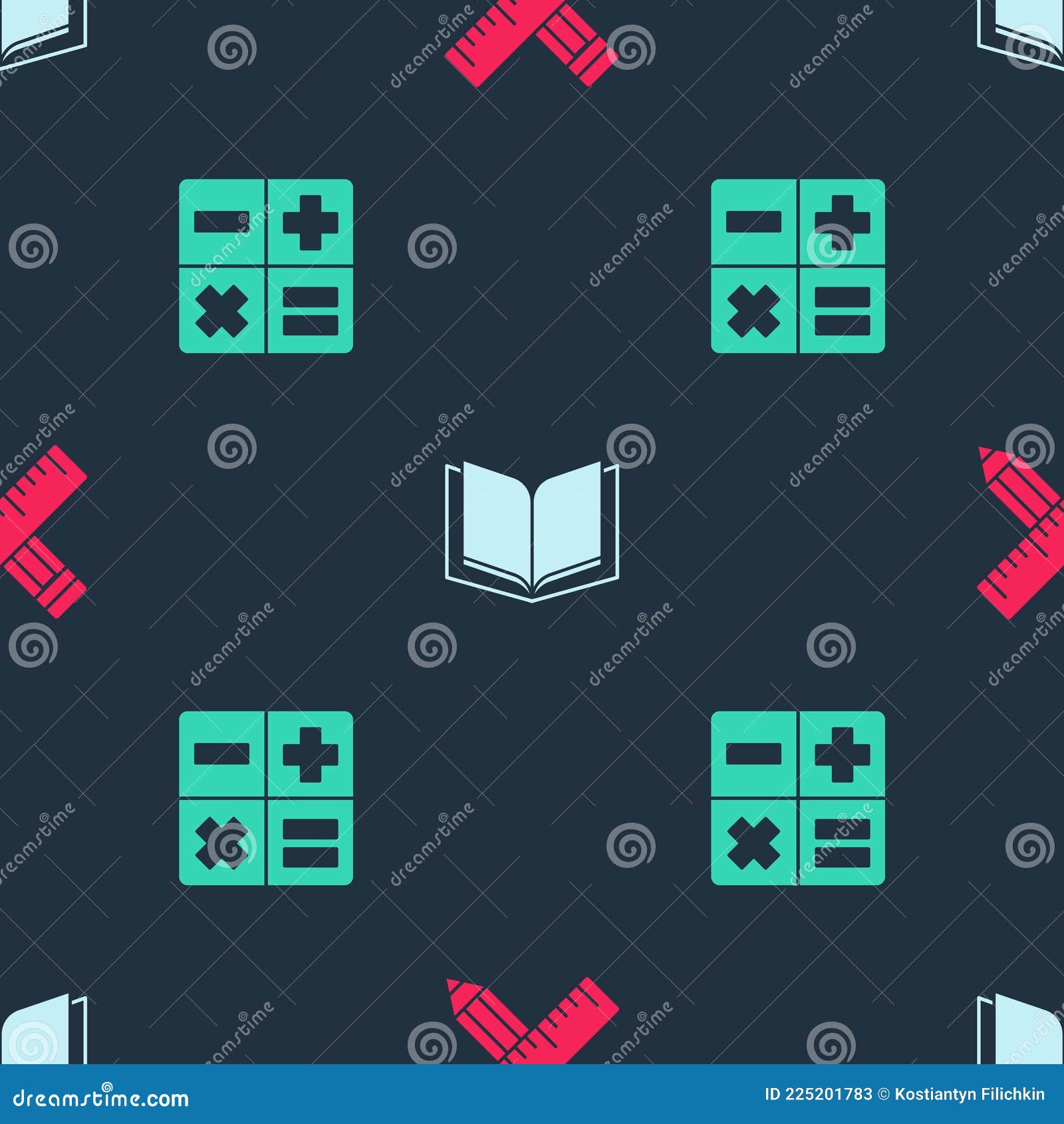 Set Crossed Ruler and Pencil, Open Book and Calculator on Seamless ... Set Crossed Ruler and Pencil, Open Book and Calculator on Seamless ...
