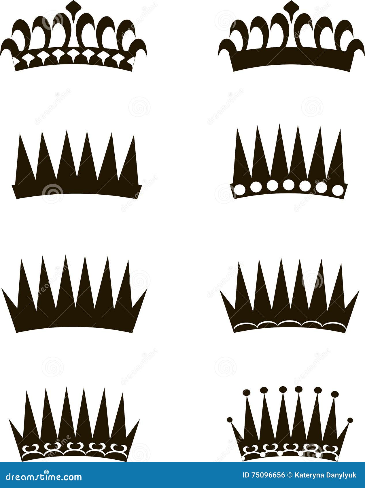 Set of Crown Icon, Black Shape on White, Vector Stock Vector ...