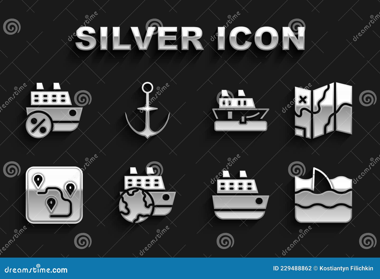 Set Cruise Ship, Folded Map, Shark Fin in Ocean Wave, Route Location ...