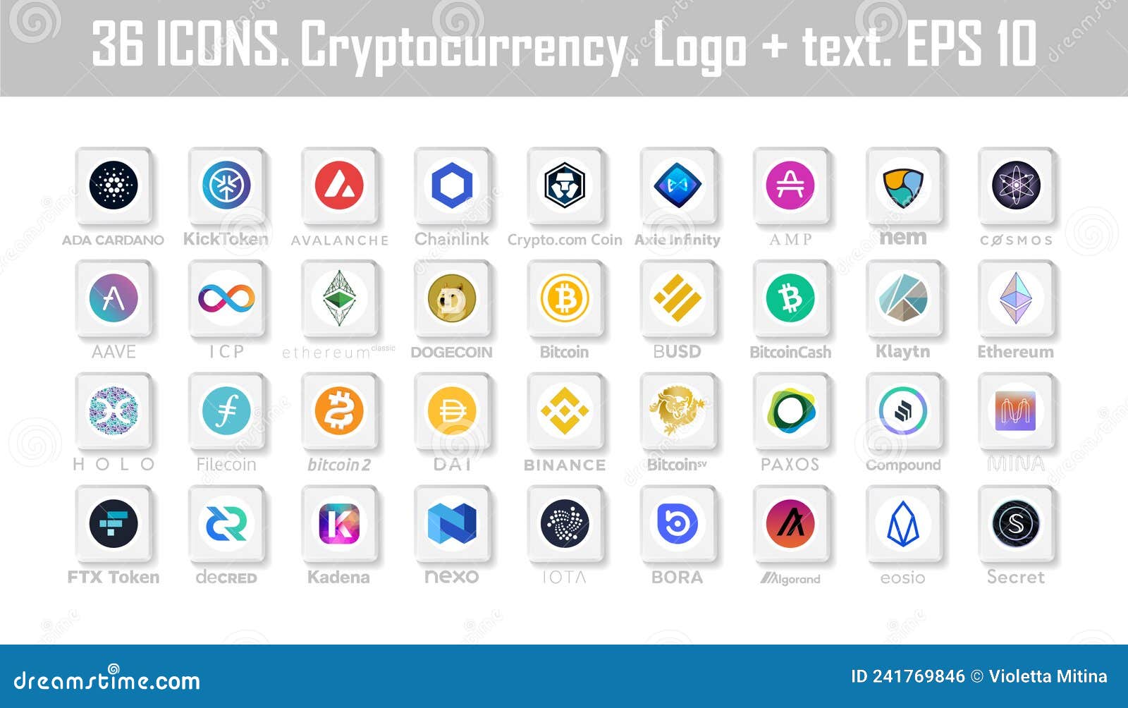 A Set of Cryptocurrency Logos with Text on the Background of Buttons. 3 ...