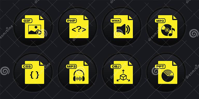 Set CSS File Document, MP3, OBJ, WMA, PHP, PPT and GIF Icon. Vector Stock Vector - Illustration ...