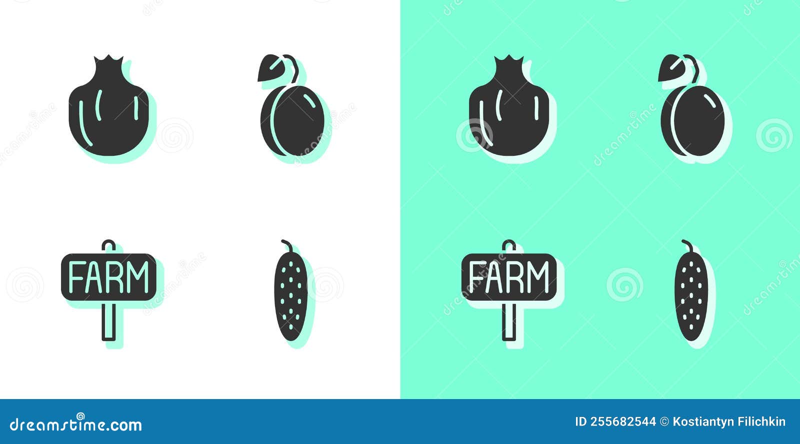 Set Cucumber, Pomegranate, Location Farm and Plum Fruit Icon. Vector ...