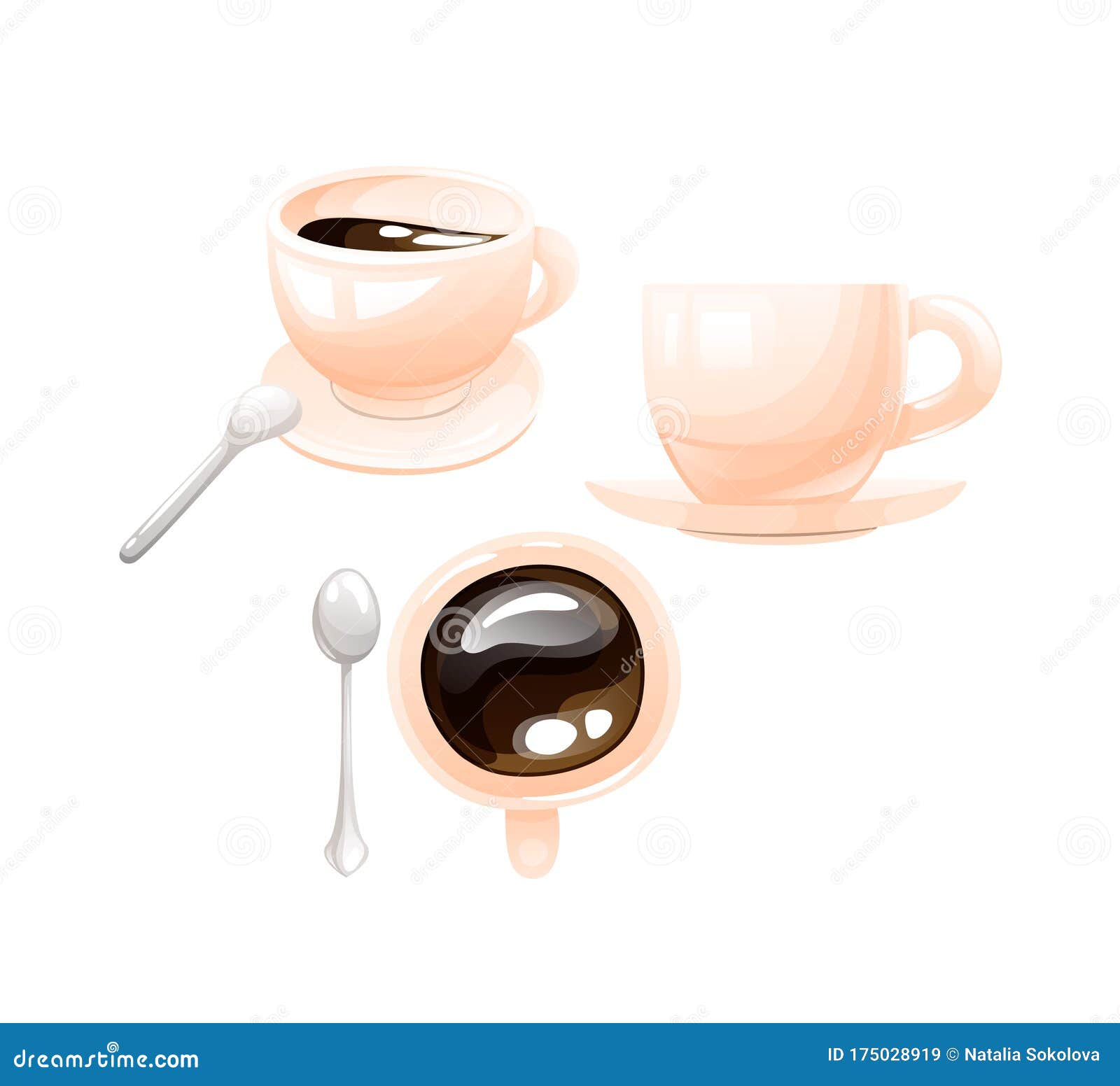 Set of Cups of Coffee with Little Silver Spoon Stock Vector ...