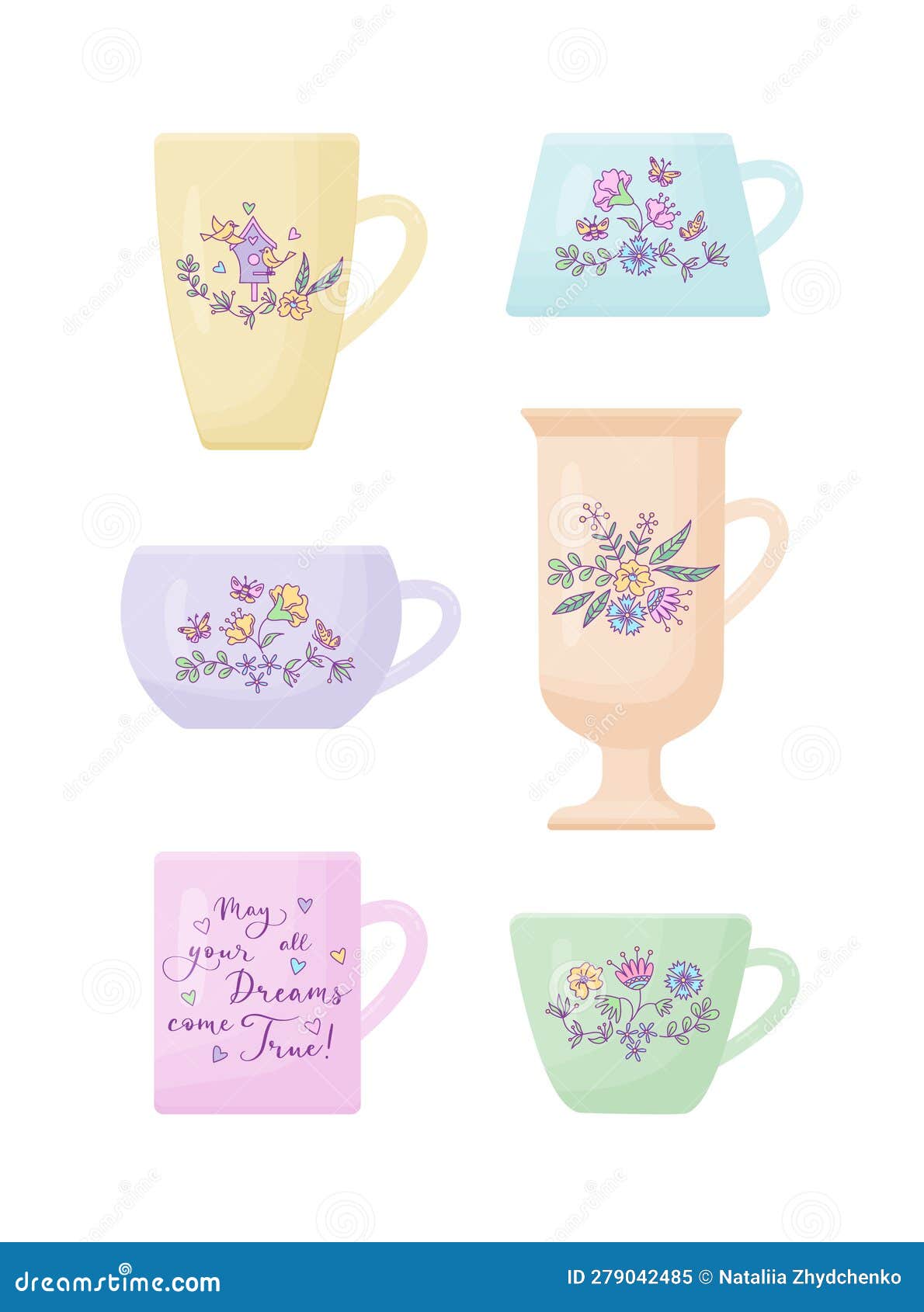 Set of Cups Decorated by Floral Drawing Stock Vector - Illustration of ...