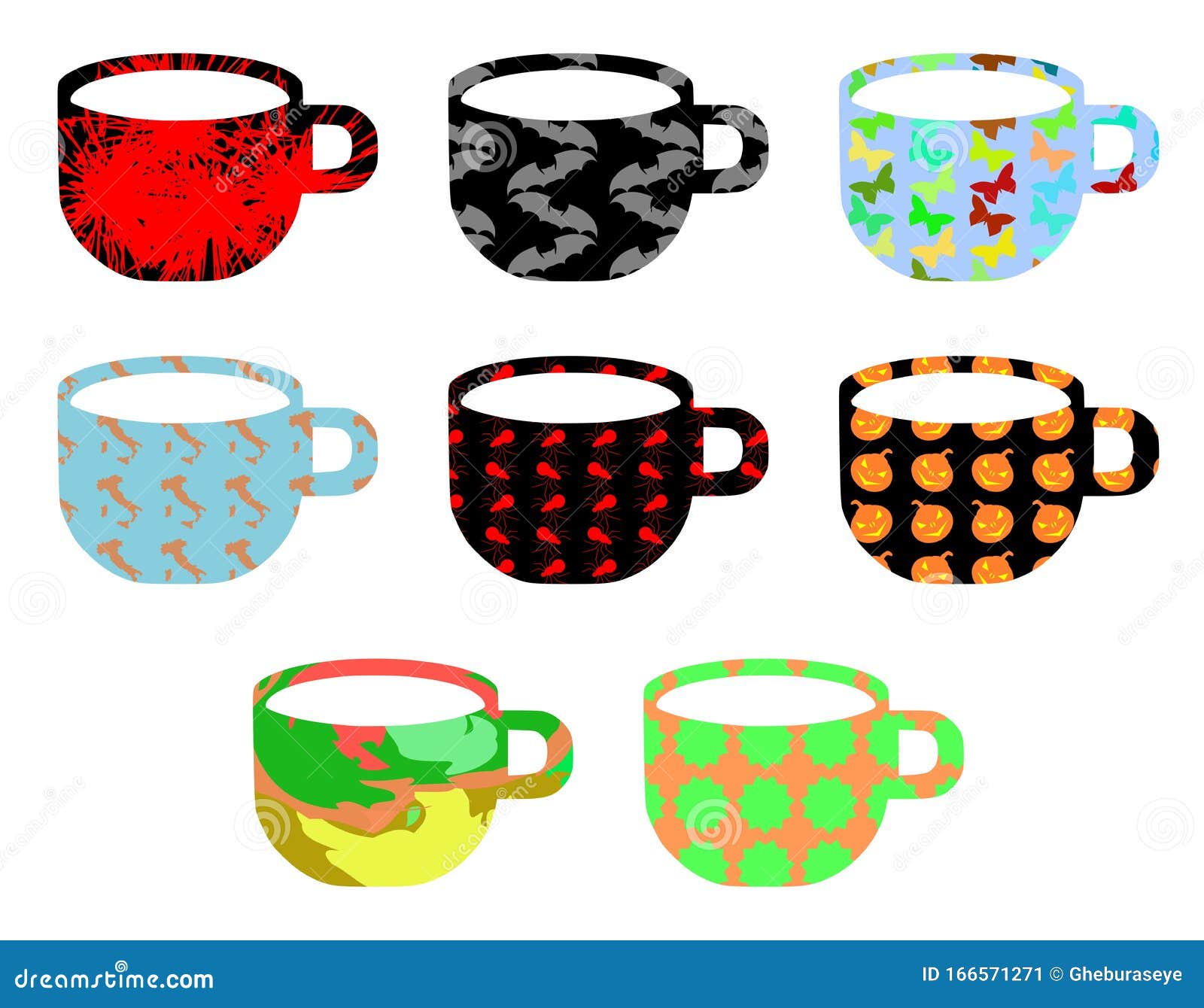 Set of Cups with Different Patterns, Color, Isolated. Stock ...